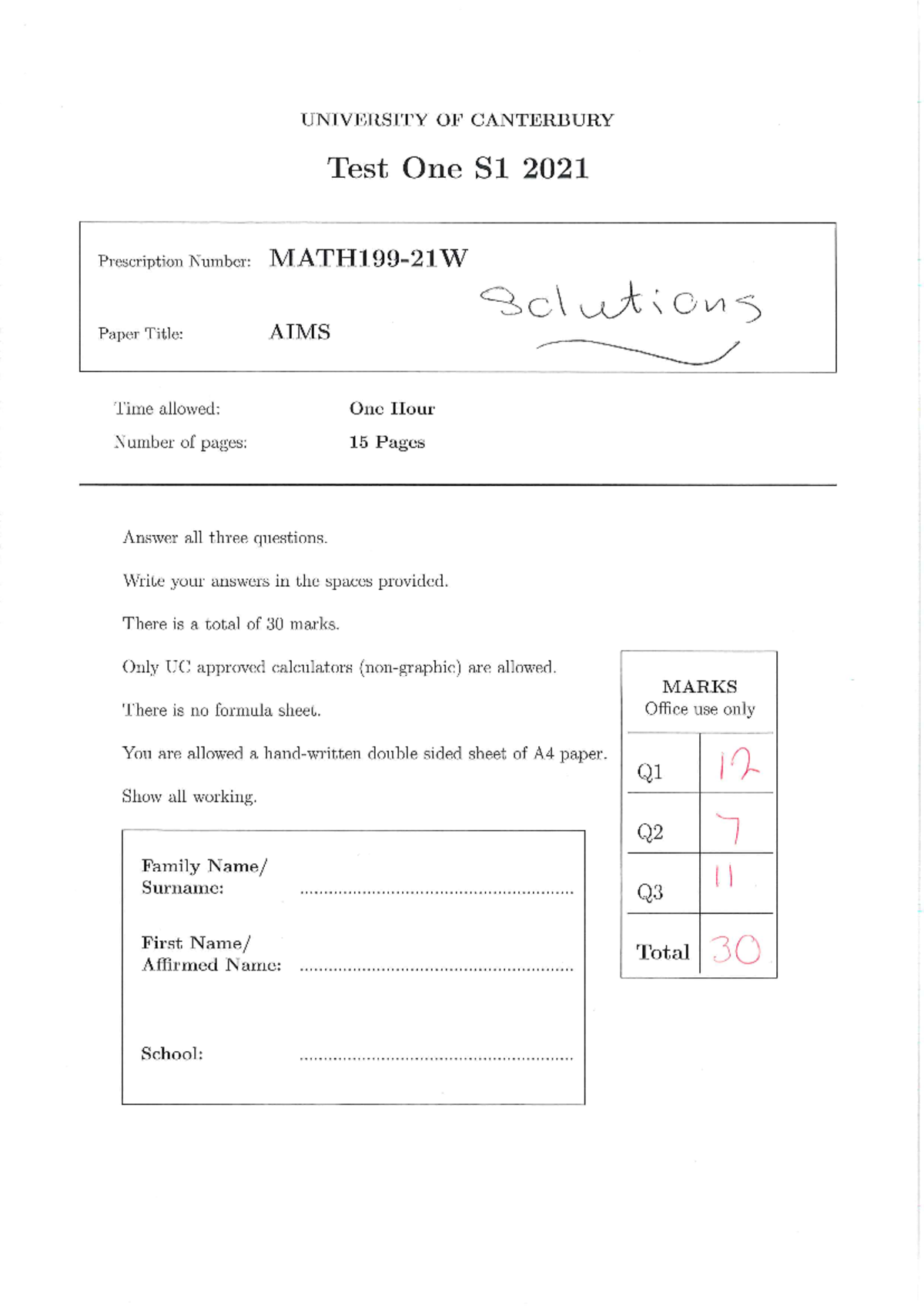 21 MATH199 test1 solutions - UNIVERSITY OF CANTERBURY Test One S1 2021 ...