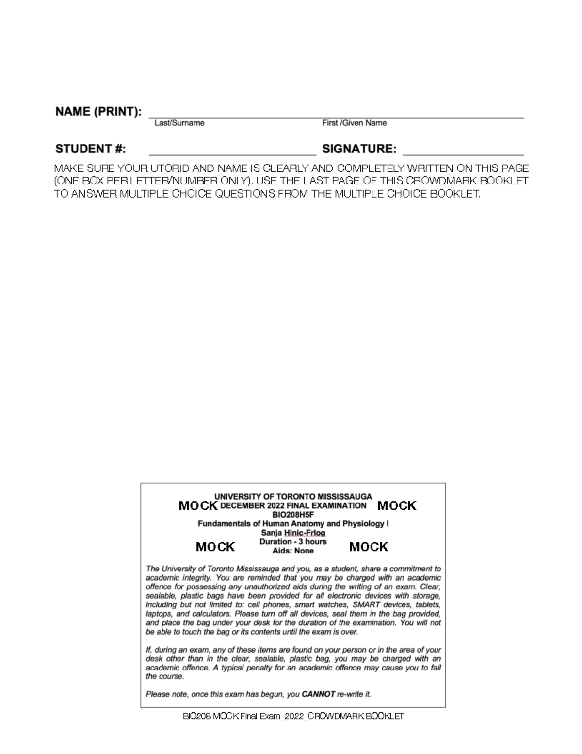 BIO208 Final Exam MOCK V2022 Crowdmark Booklet - MAKE SURE YOUR UTORID ...