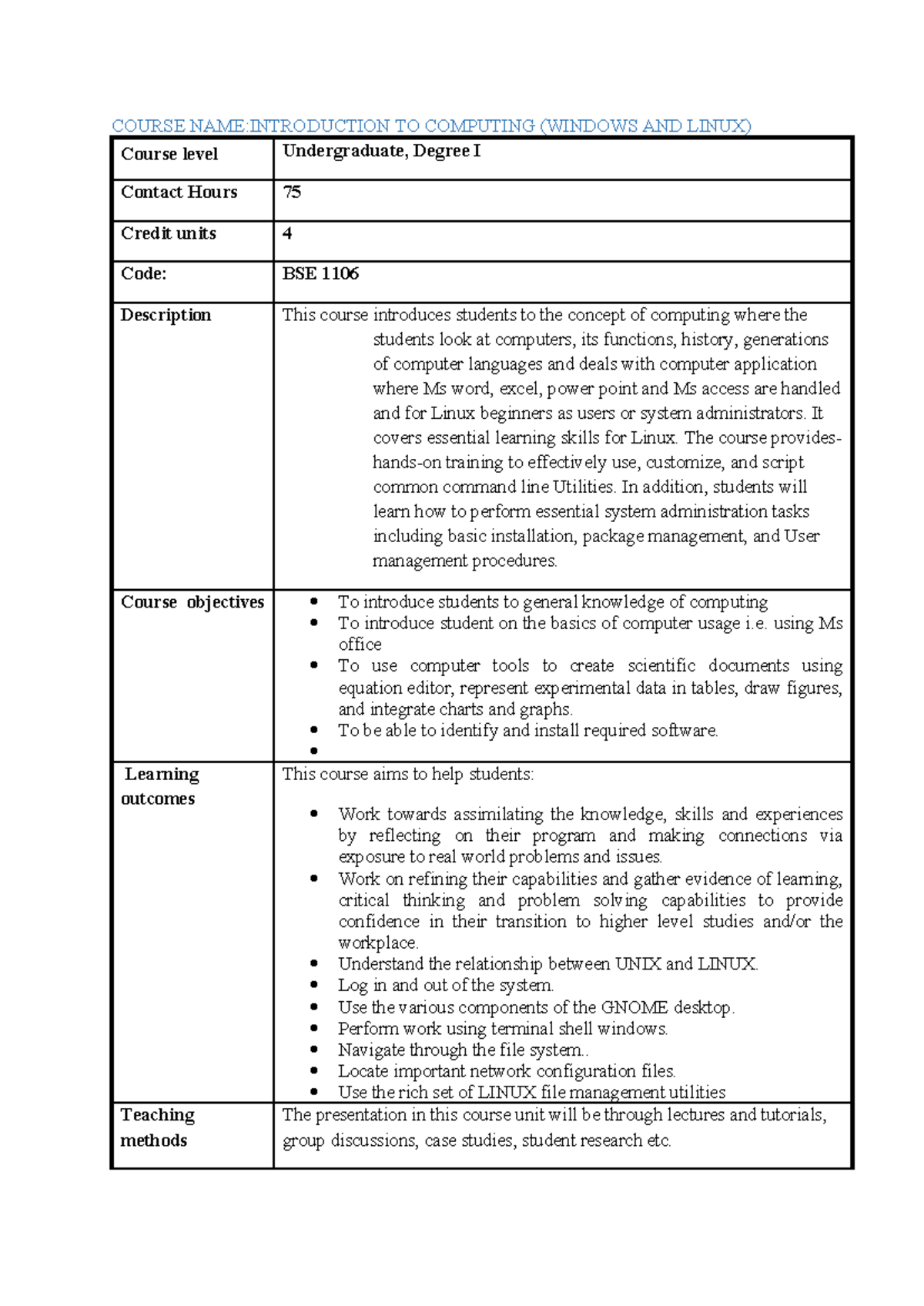 Introduction to Computing (Windows and Linux)-outline - COURSE NAME ...