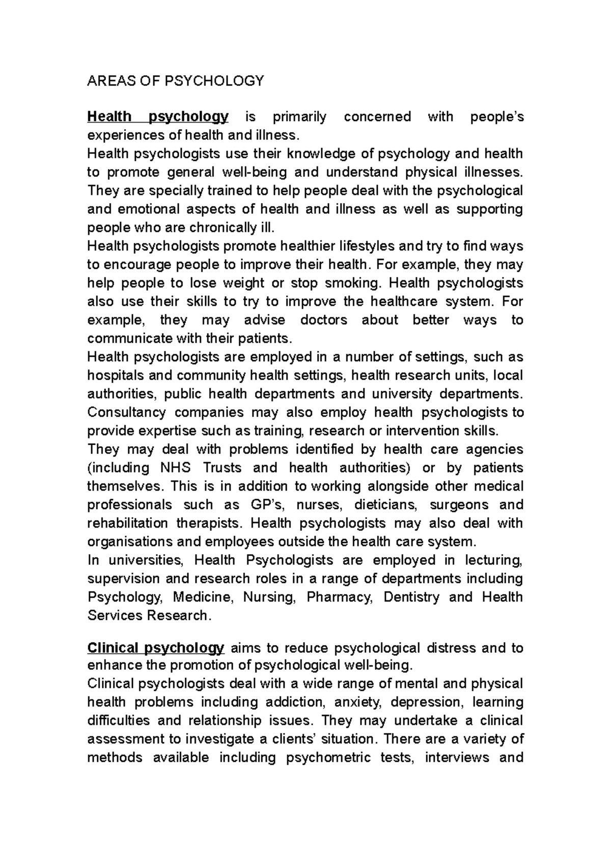 Theory Areas OF Psychology - AREAS OF PSYCHOLOGY Health psychology is ...