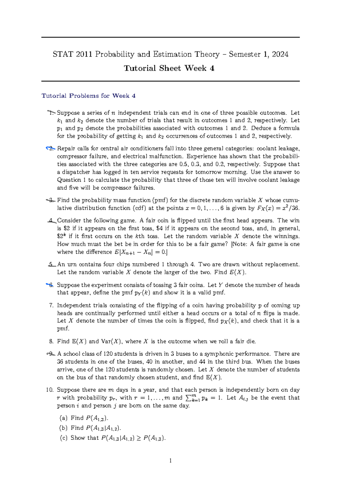 Tut04 - tutor - STAT 2011 Probability and Estimation Theory – Semester 1, 2024 Tutorial Sheet ...