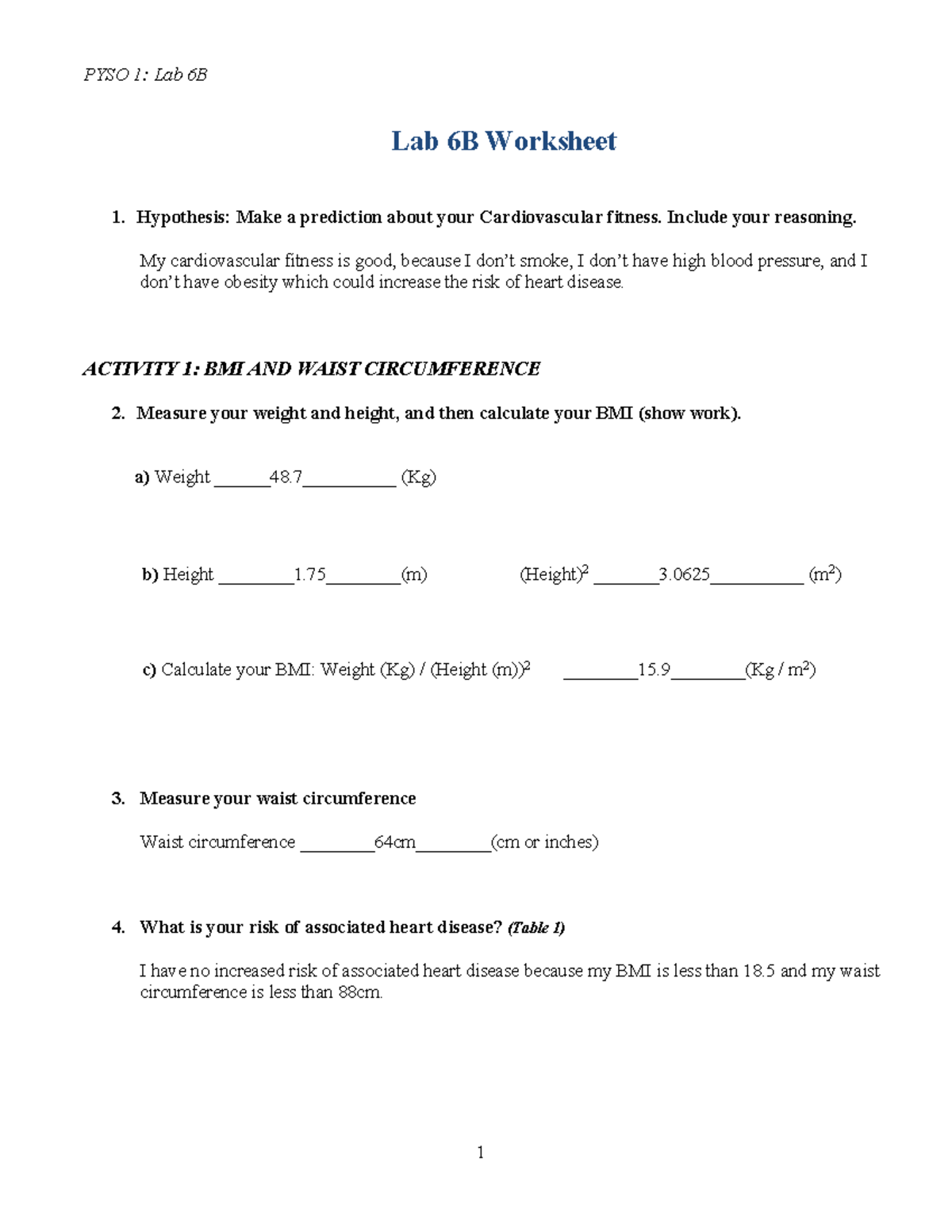 Lab 6B Cardiovascular Health Worksheet Submit - Lab 6B Worksheet Hypothesis: Make a prediction ...