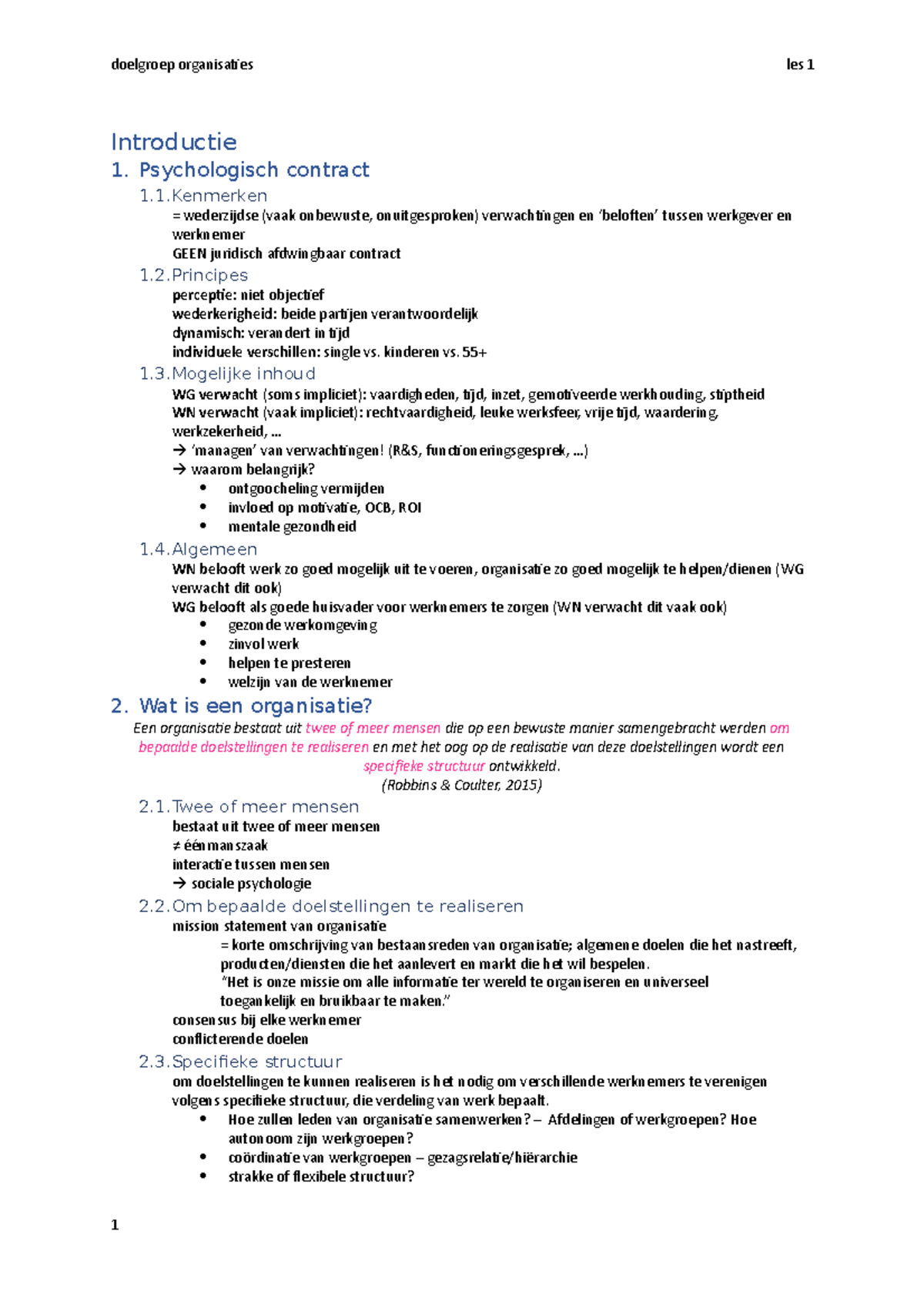 les 1 - introductie - Introductie 1. Psychologisch contract 1.1 ...