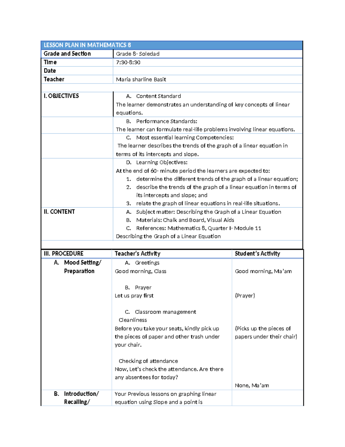 Describing Graph - Explicit Lesson Plan in Grade 8 - LESSON PLAN IN ...