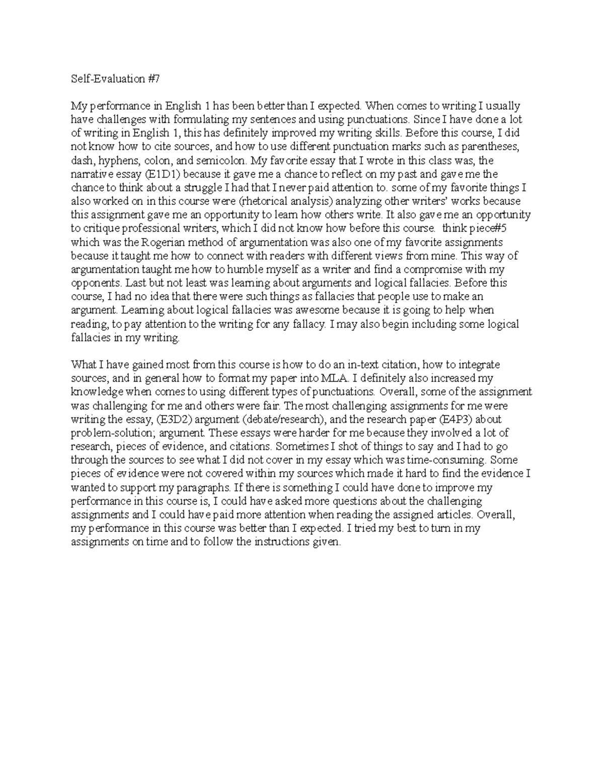 English 1-Self Reflection #7 - Self-Evaluation # My performance in ...