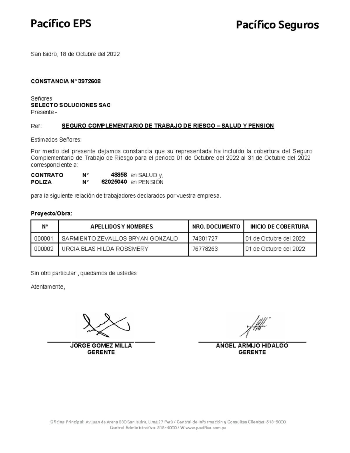 Sctr - SCSCSC - Pacífico EPS Pacífico Seguros San Isidro, 18 de Octubre ...