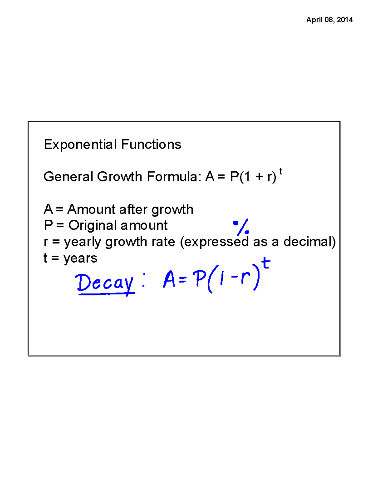 Growth and decay - For mula - Exponential Functions General Growth ...