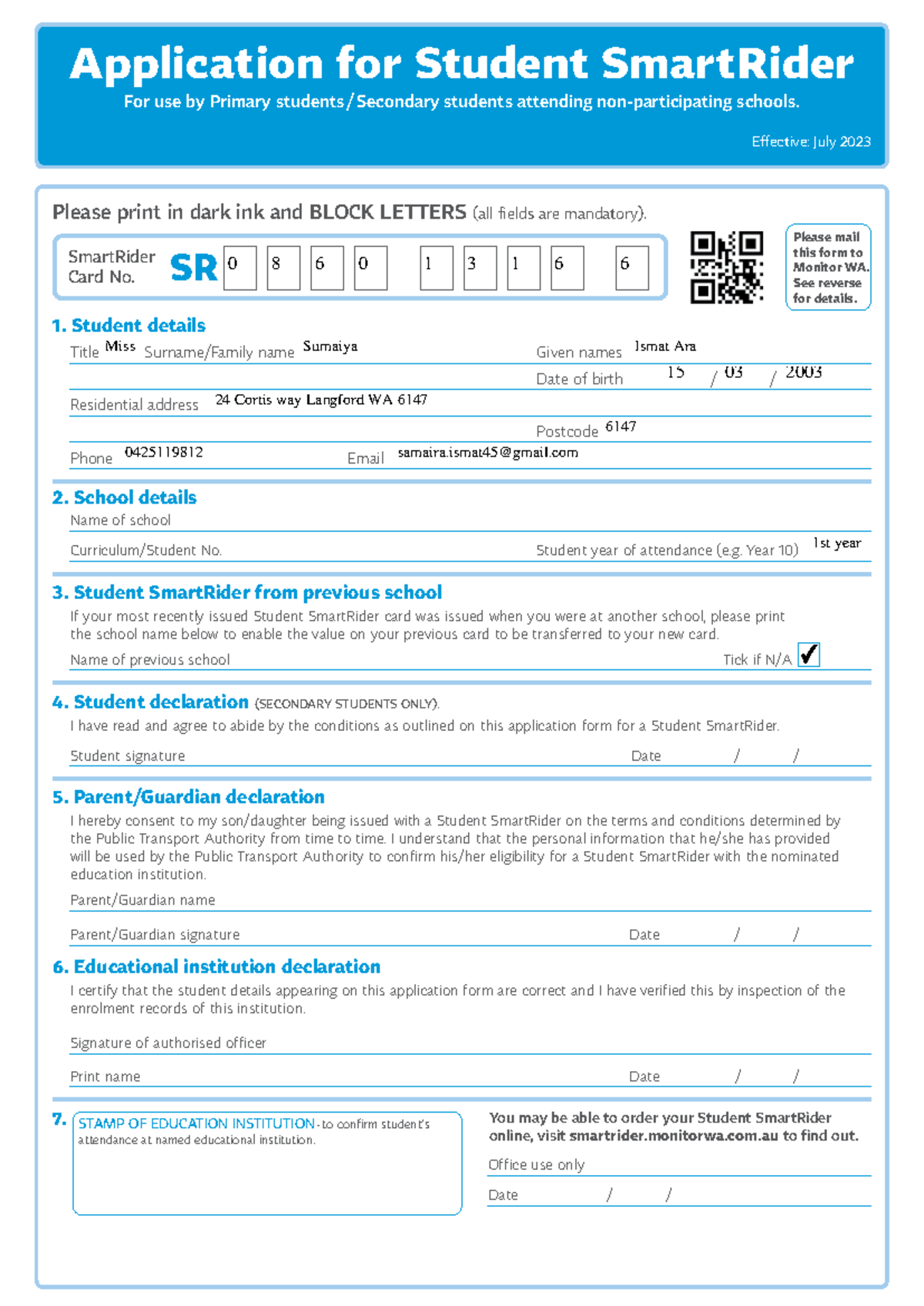 Student Smart Rider Form - 1. Student details Title Surname/Family name ...