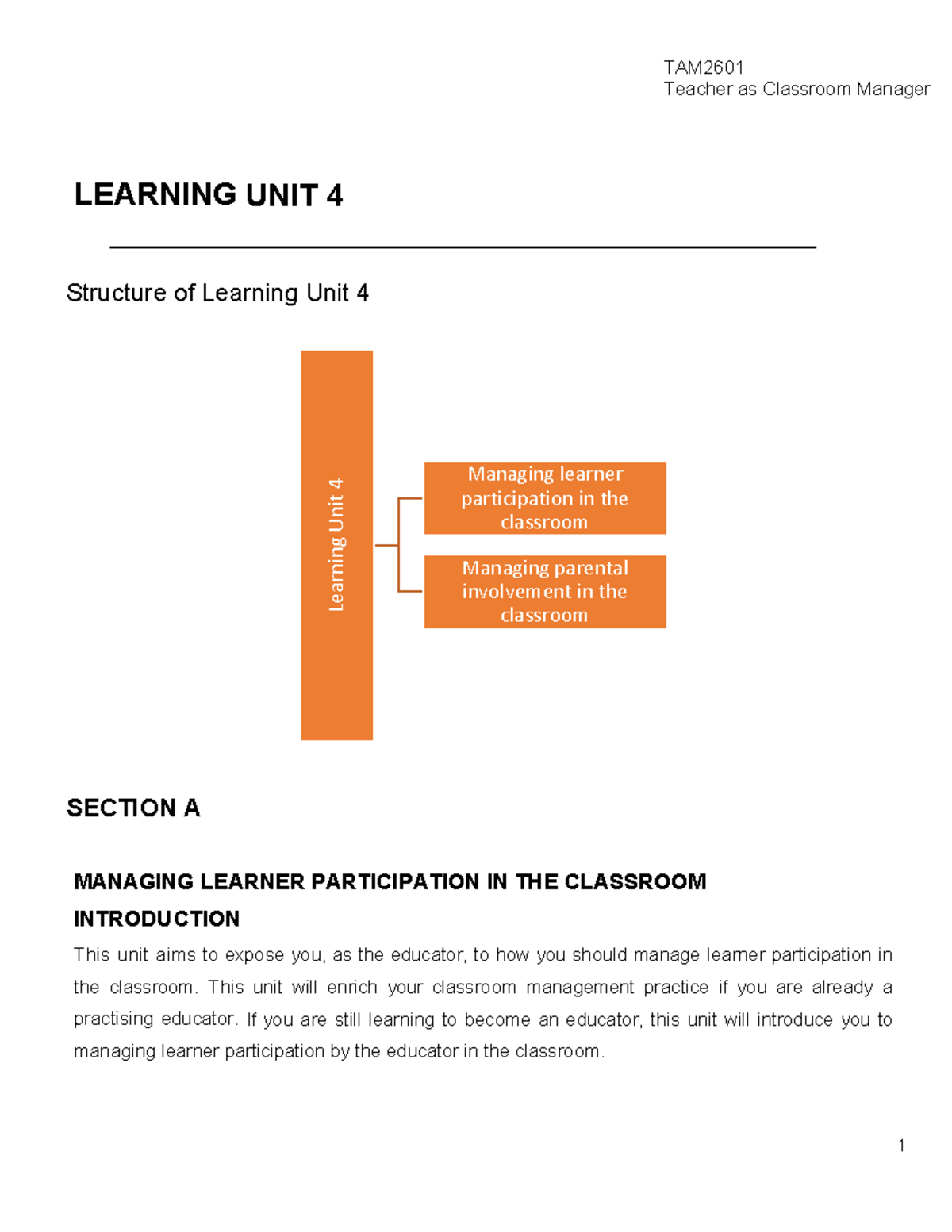 TAM2601- Learning Unit 4 Section A and Section B - Teacher as Classroom ...