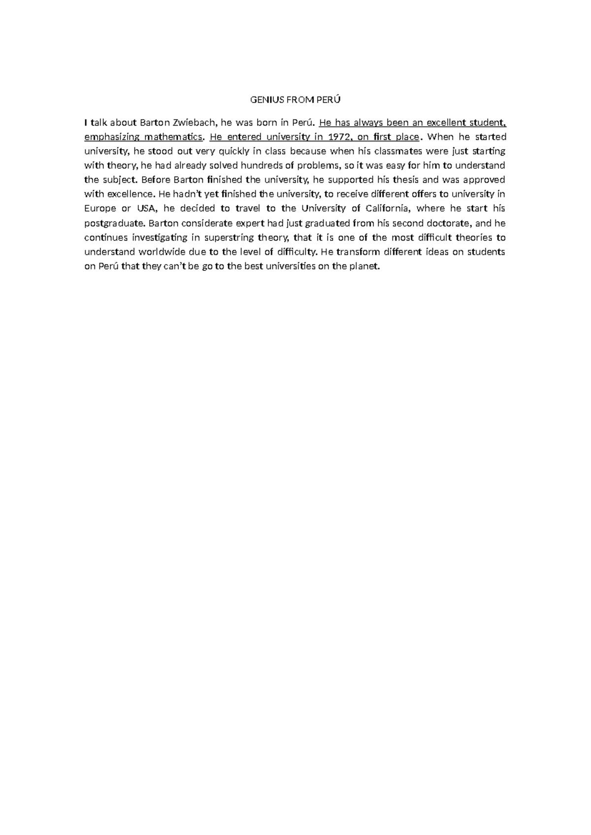 Draft 1 - GENIUS FROM PERÚ I talk about Barton Zwiebach, he was born in ...