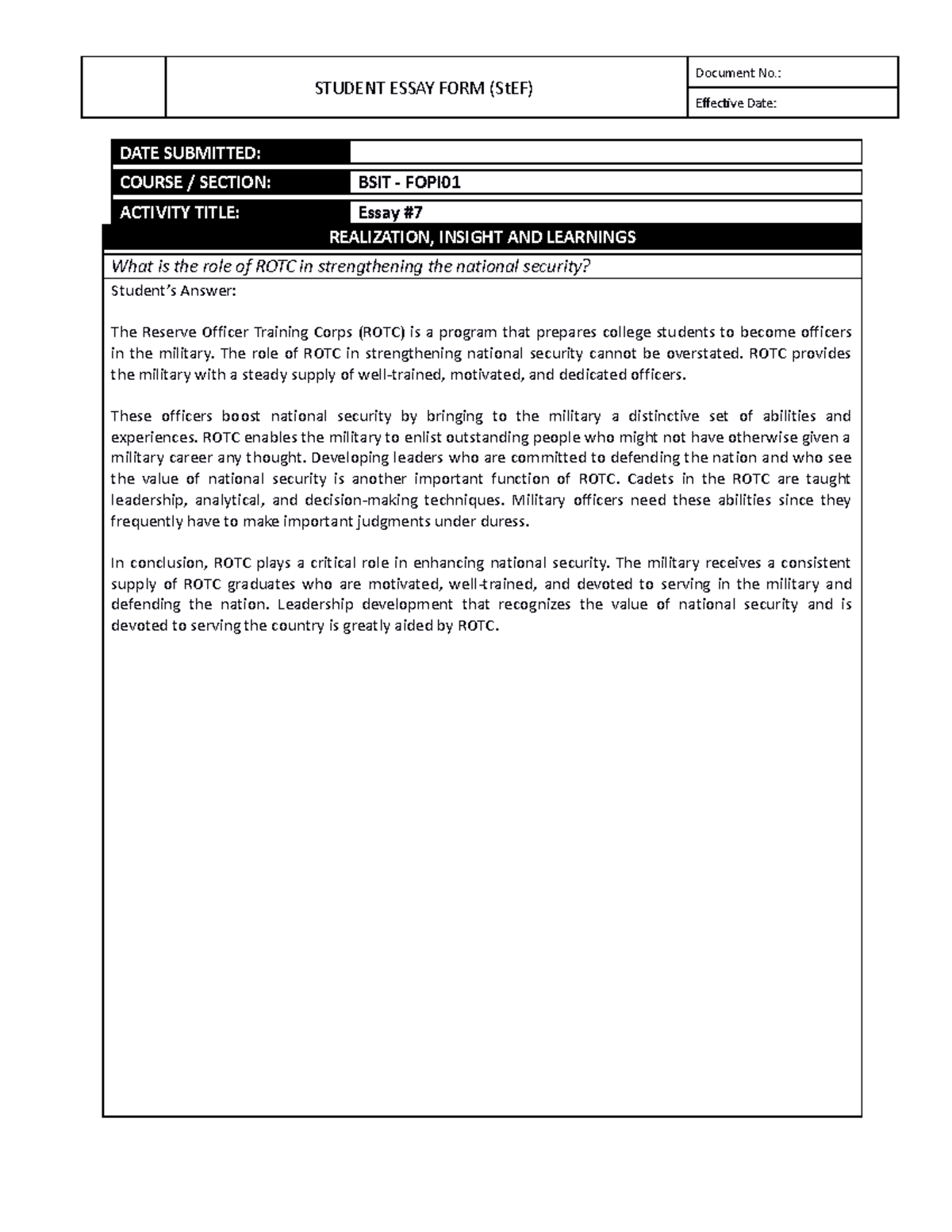 Form - NSTP1 00 Essay #7 - STUDENT ESSAY FORM (StEF) Document No ...