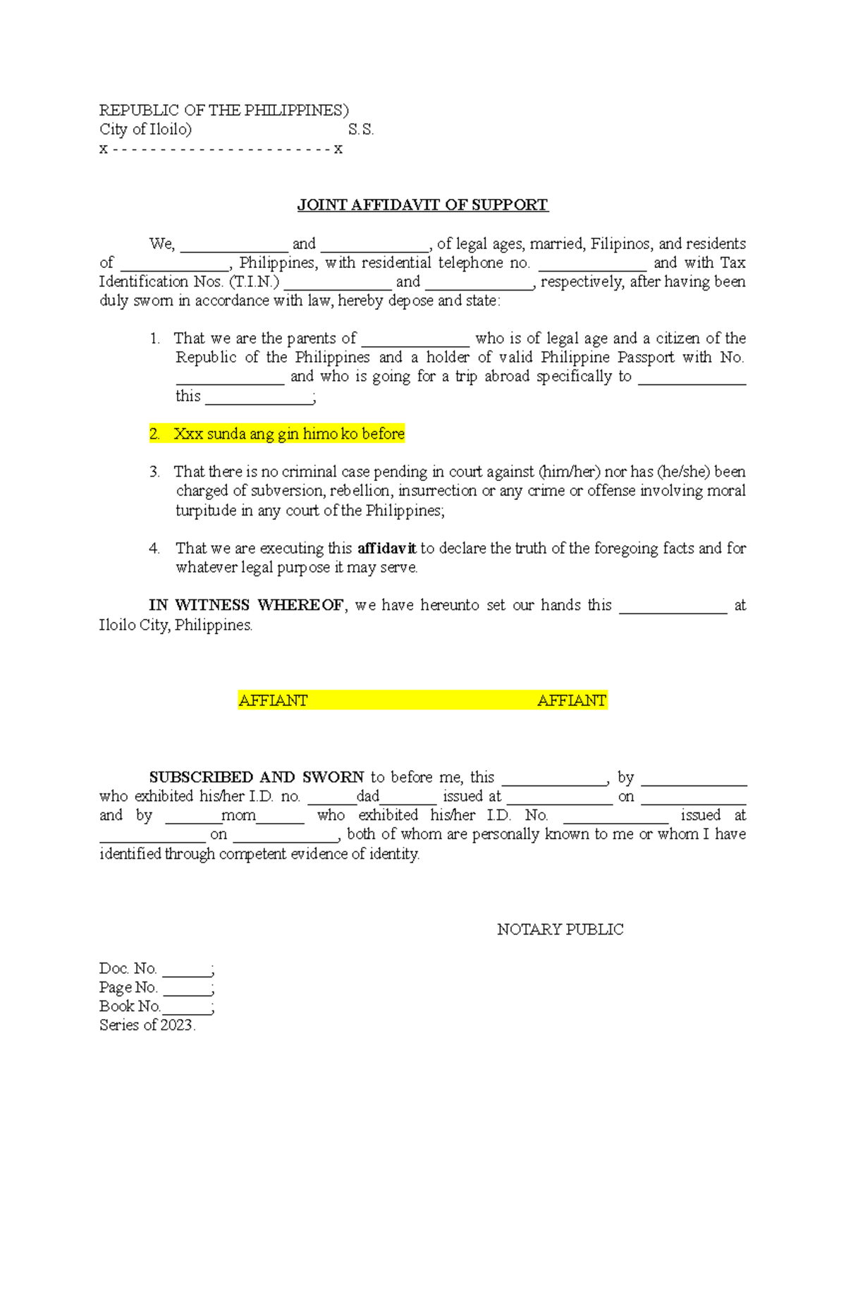 Aff of support template - REPUBLIC OF THE PHILIPPINES) City of Iloilo ...