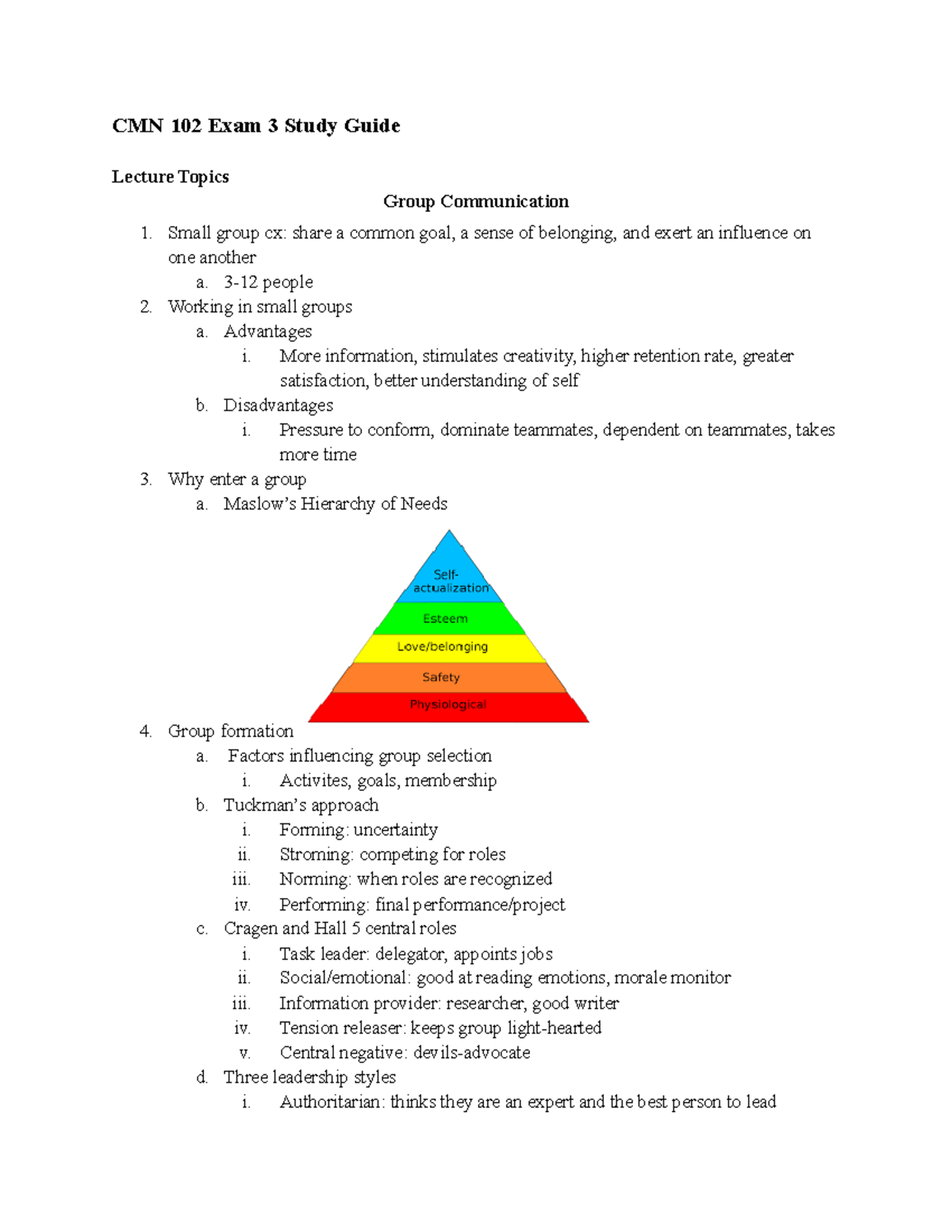 CMN 102 Exam 3 Study Guide - CMN 102 Exam 3 Study Guide Lecture Topics ...