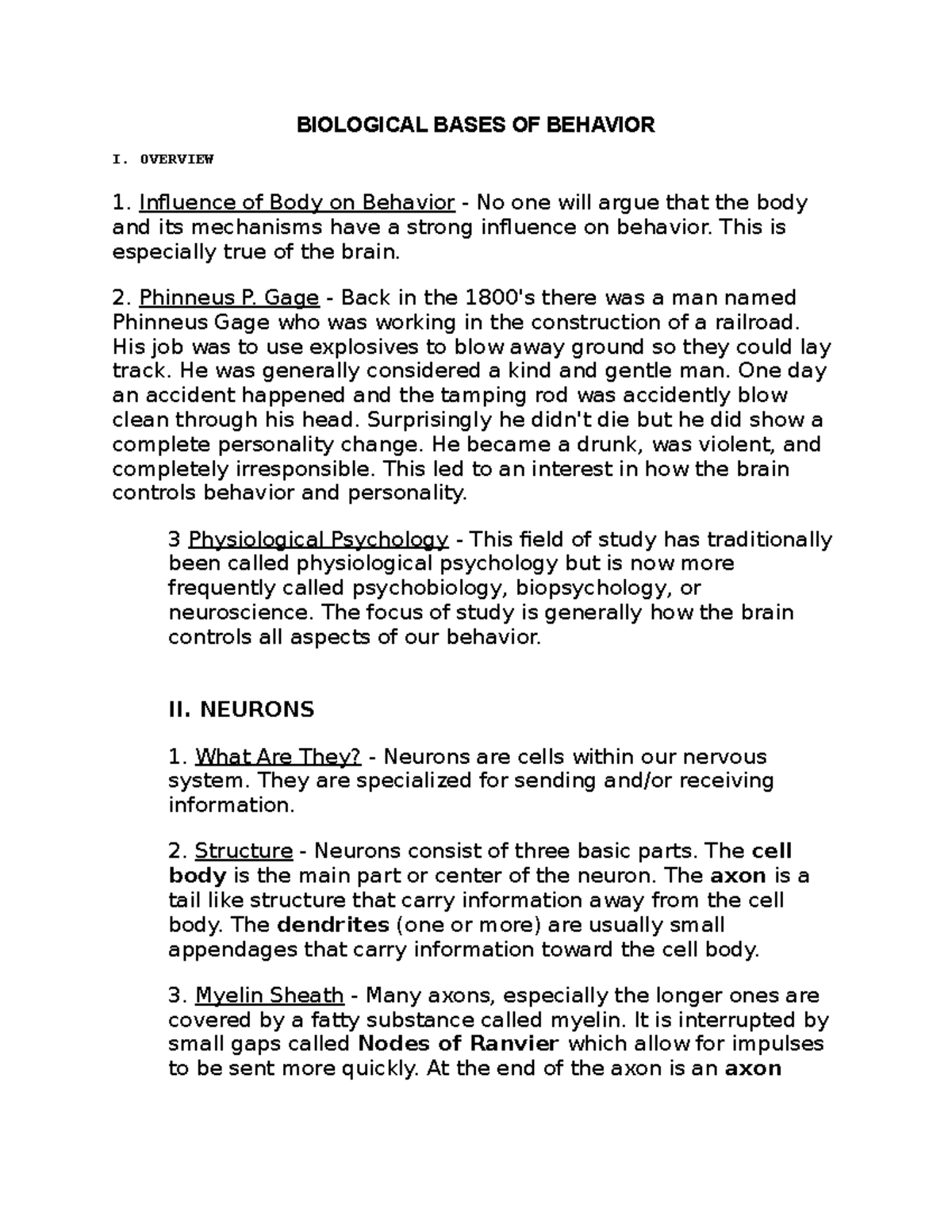 Biological Bases OF Behavior - BIOLOGICAL BASES OF BEHAVIOR I. OVERVIEW ...