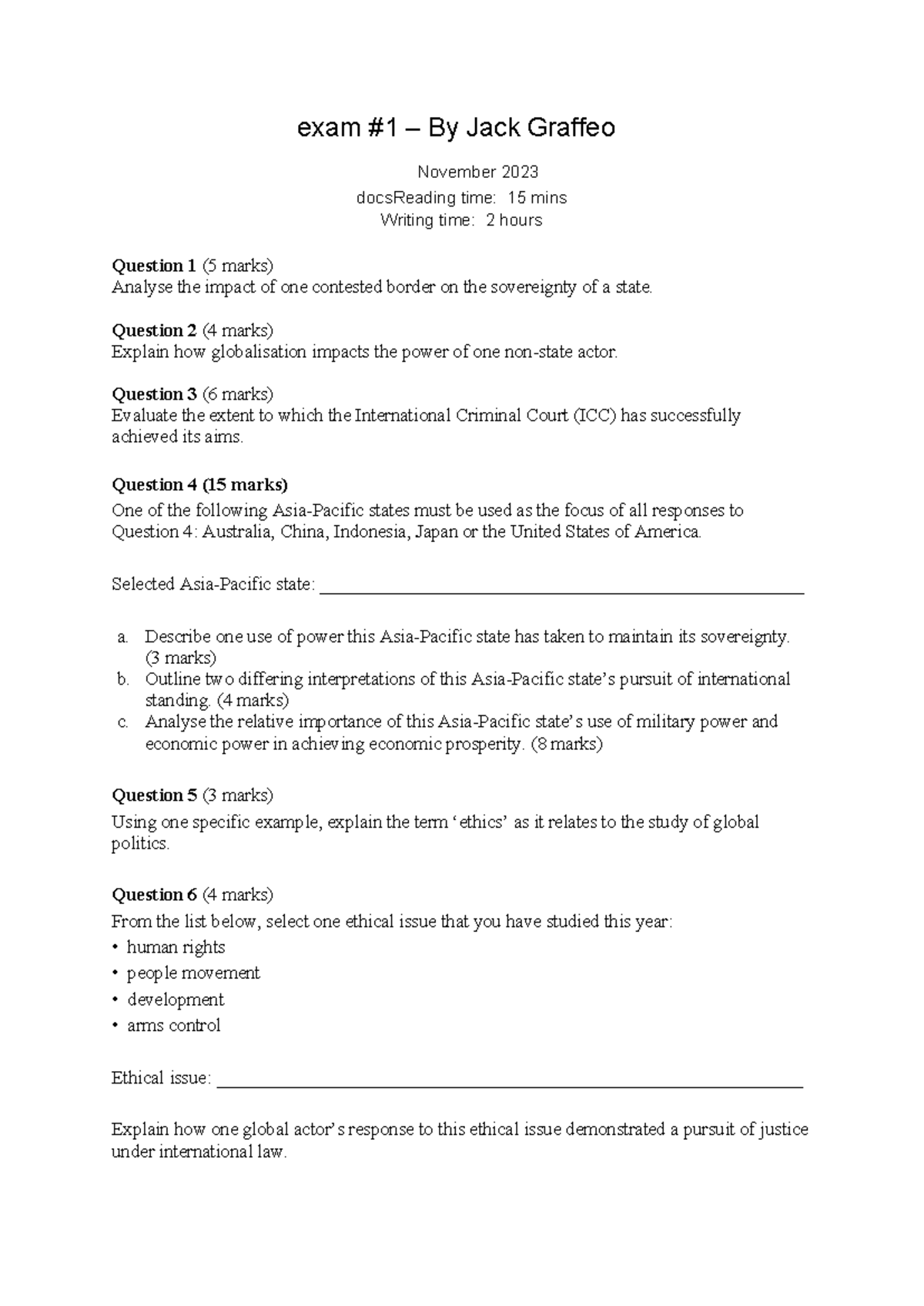 Global politics practice exams - exam #1 – By Jack Graffeo November ...