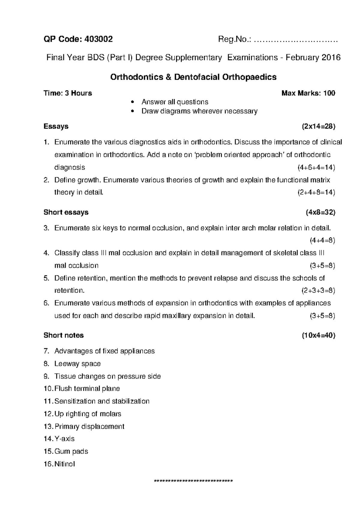 403002-2 - Regarding ortho past question paper. - QP Code: 403002 Reg.: - Studocu