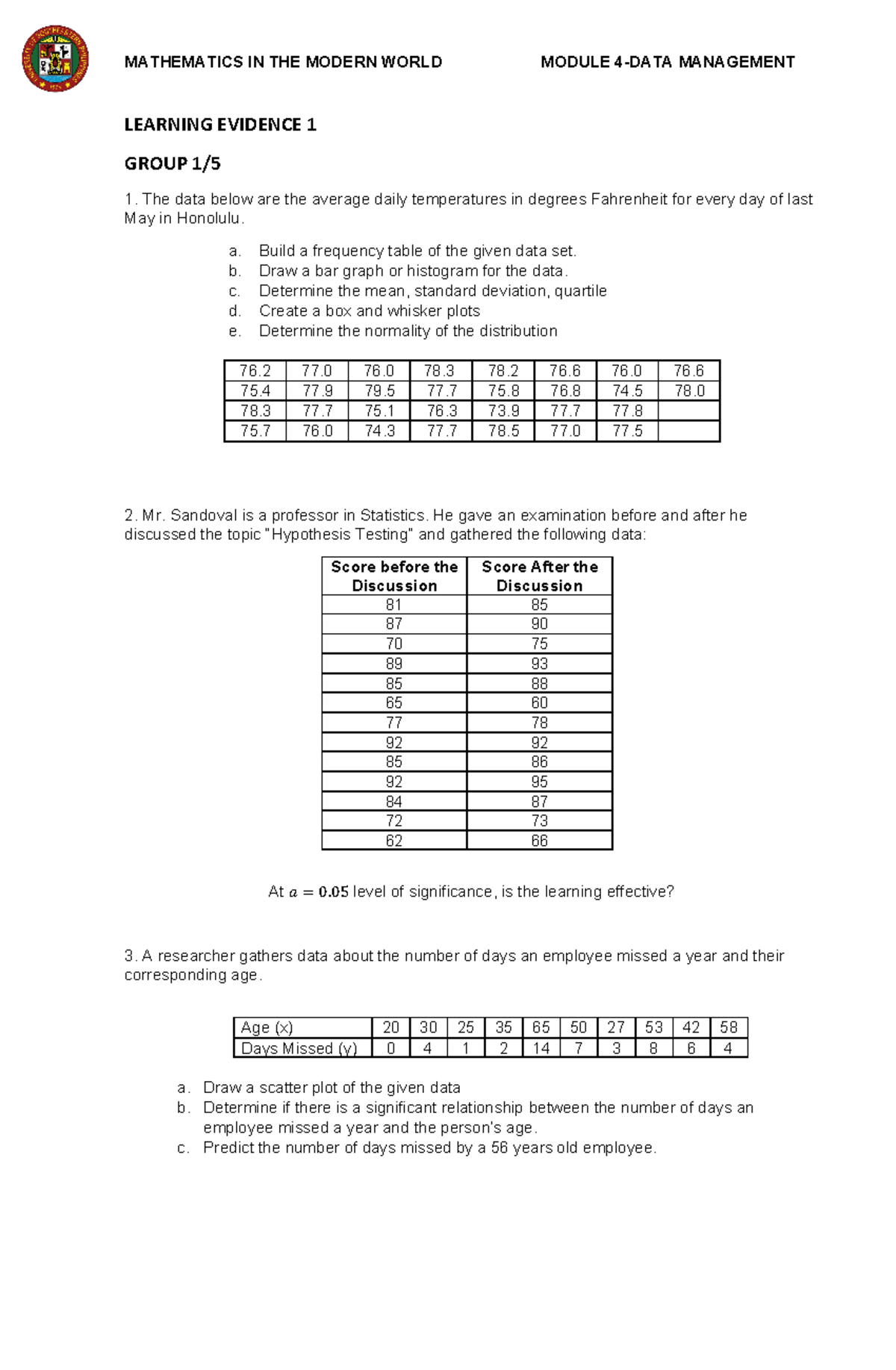 Learning Evidence 1 - awawaw - LEARNING EVIDENCE 1 GROUP 1/ The data ...