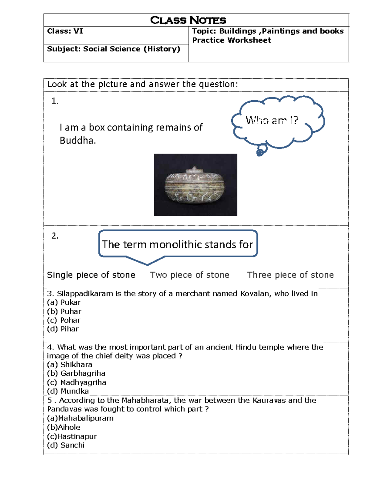 6-SStudy - res - Class Notes Class: VI Topic: Buildings ,Paintings and ...