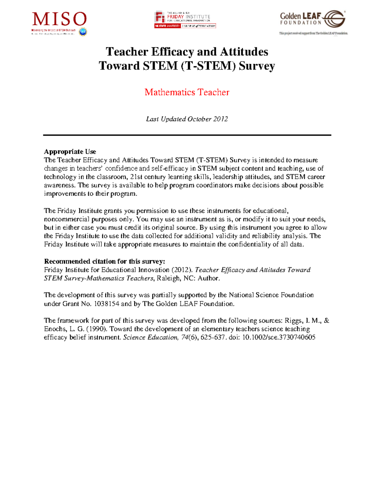 Tstem Tool for Efficacy - Teacher Efficacy and Attitudes Toward STEM (T-STEM) Survey Mathematics ...