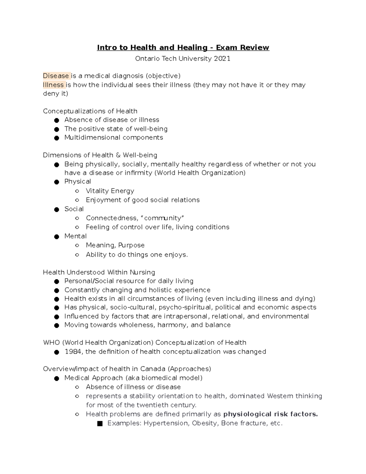 Intro to Health and Healing - Exam Review - Health Understood Within ...