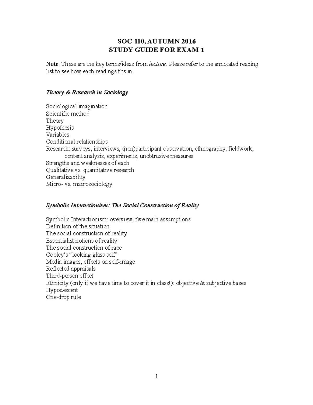 SOC 110 Study Guide 1 - SOC 110, AUTUMN 2016 STUDY GUIDE FOR EXAM 1 ...