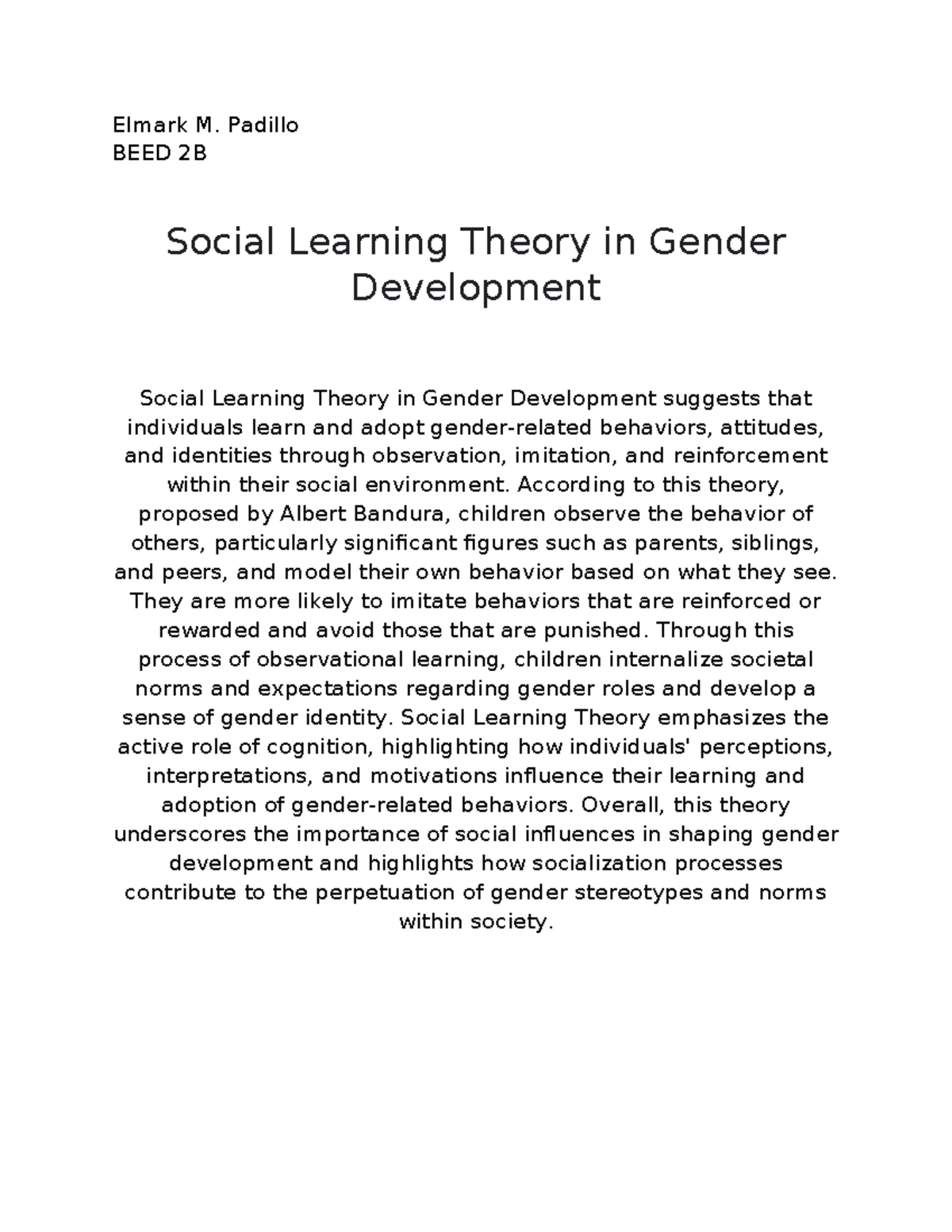 Gender social learning theory - Elmark M. Padillo BEED 2B Social ...