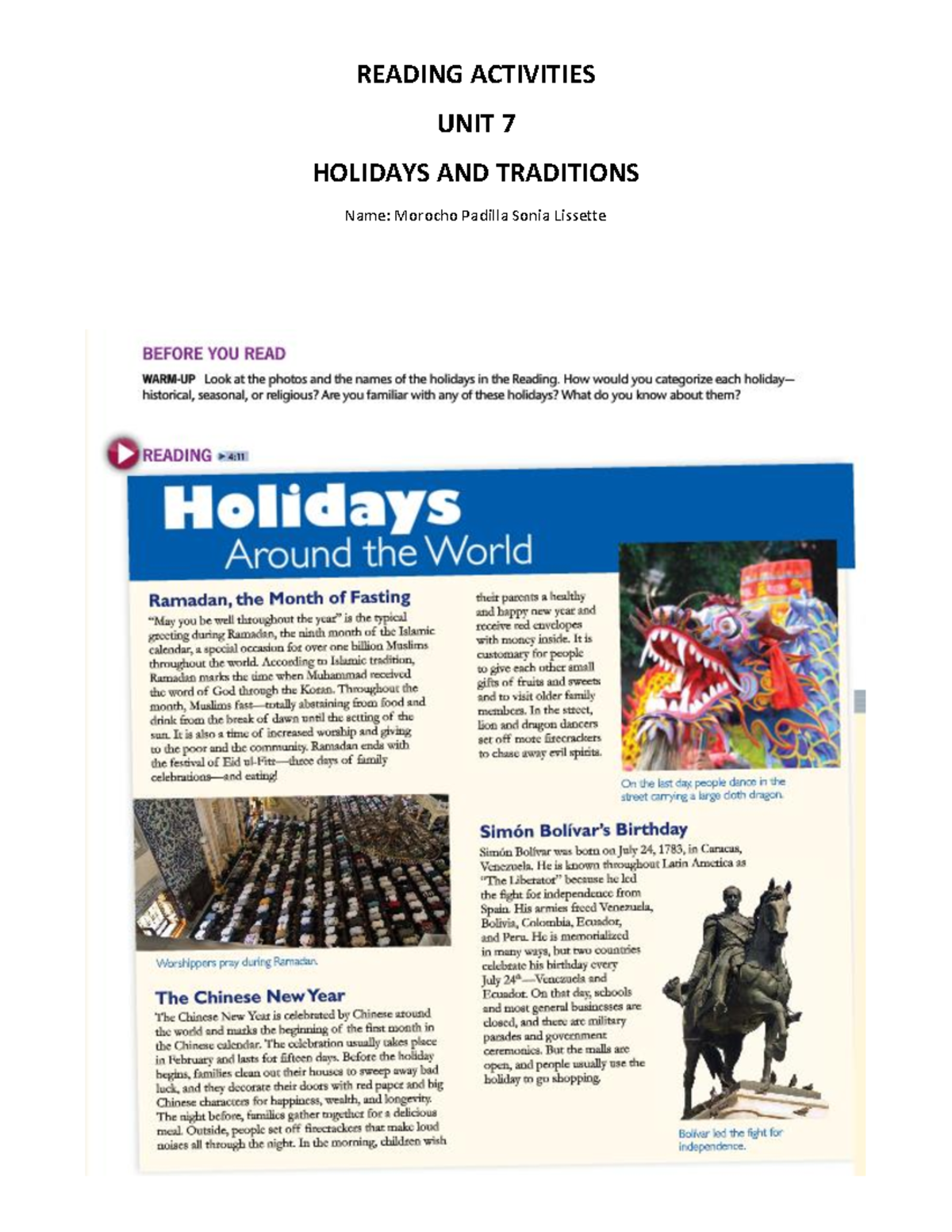 Reading Activities unit 7 level 6 - READING ACTIVITIES UNIT 7 HOLIDAYS AND TRADITIONS Name ...