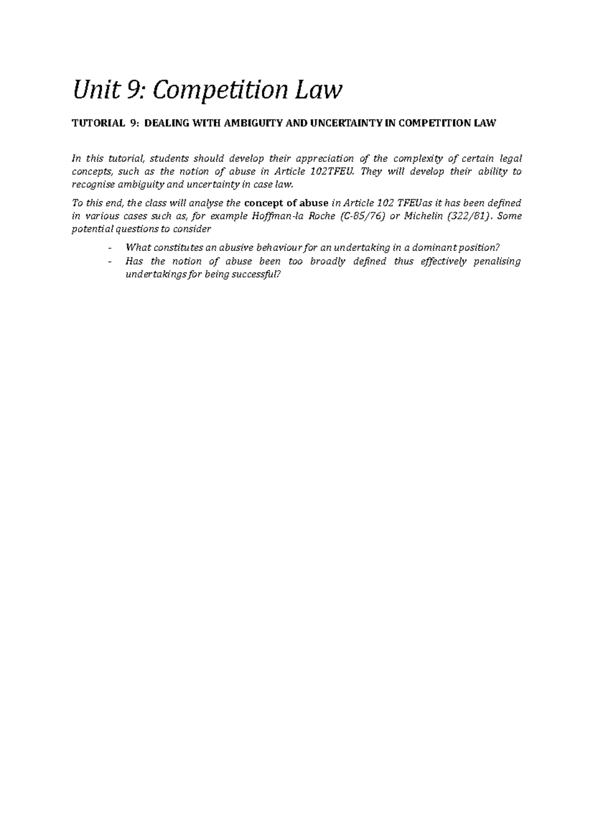 Tutorial and Workshop Questions_Unit 9 - Unit 9: Competition Law ...