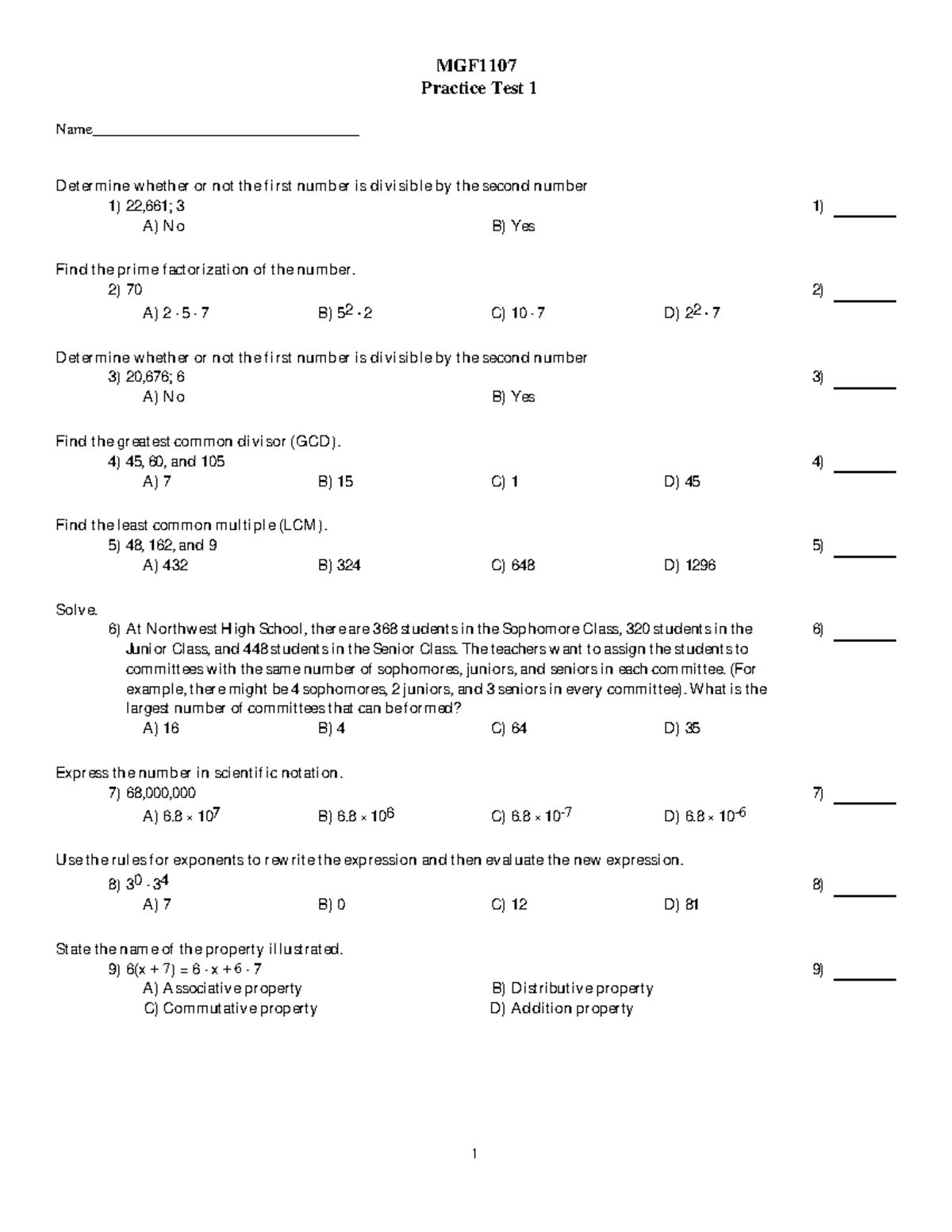 Practice Test 1 - MGF Practice Test 1 Name ...
