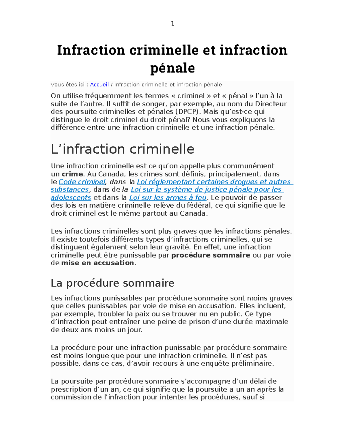 Infractions criminelles typologie - 1 Infraction criminelle et ...