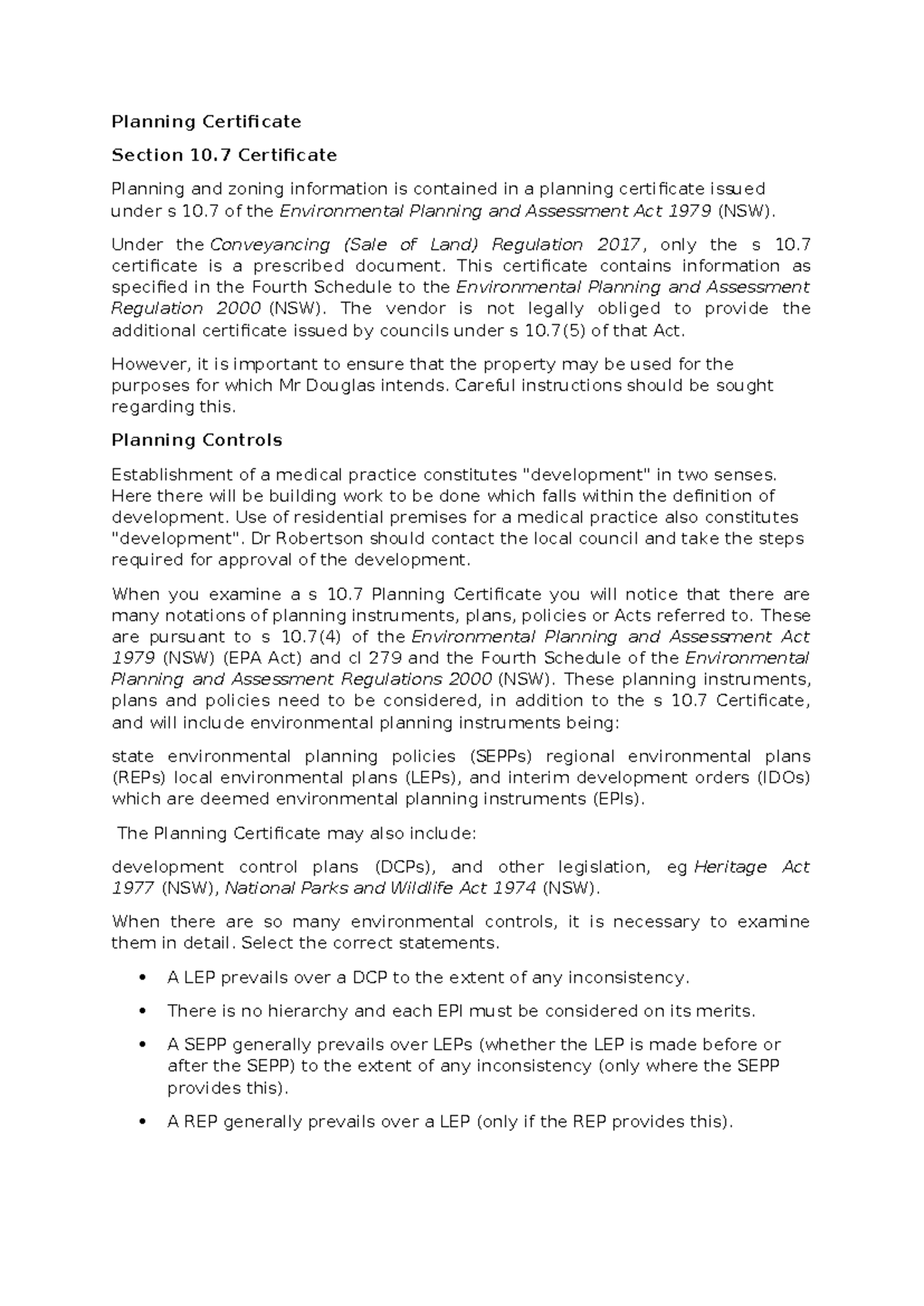 Task 1.2 Notes Questions and Answers - Planning Certificate Section 10 ...