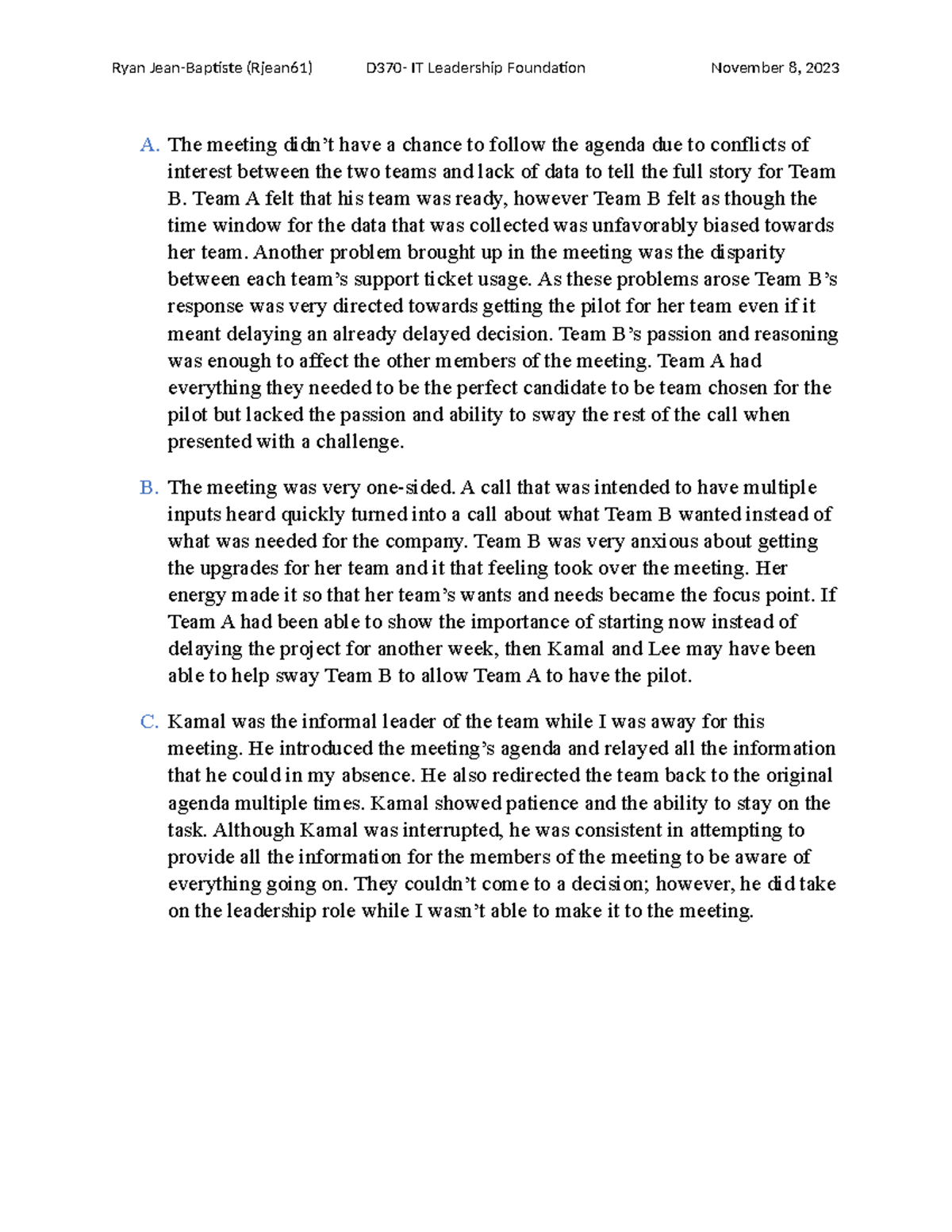 D370 TASK 2 - course - Ryan Jean-Baptiste (Rjean61) D370- IT Leadership ...