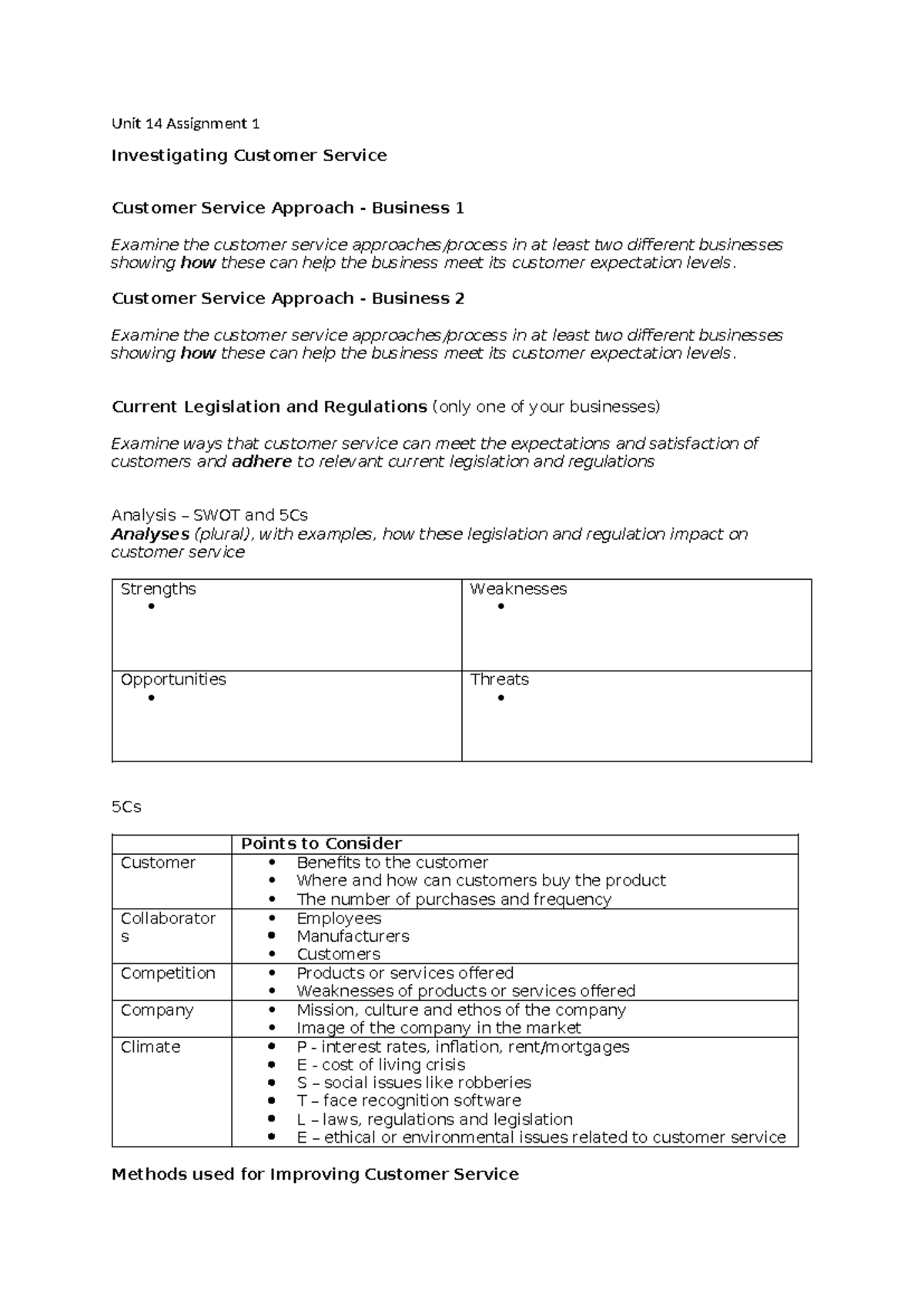Unit 14 Assignment 1 Writing Frame - Unit 14 Assignment 1 Investigating Customer Service ...