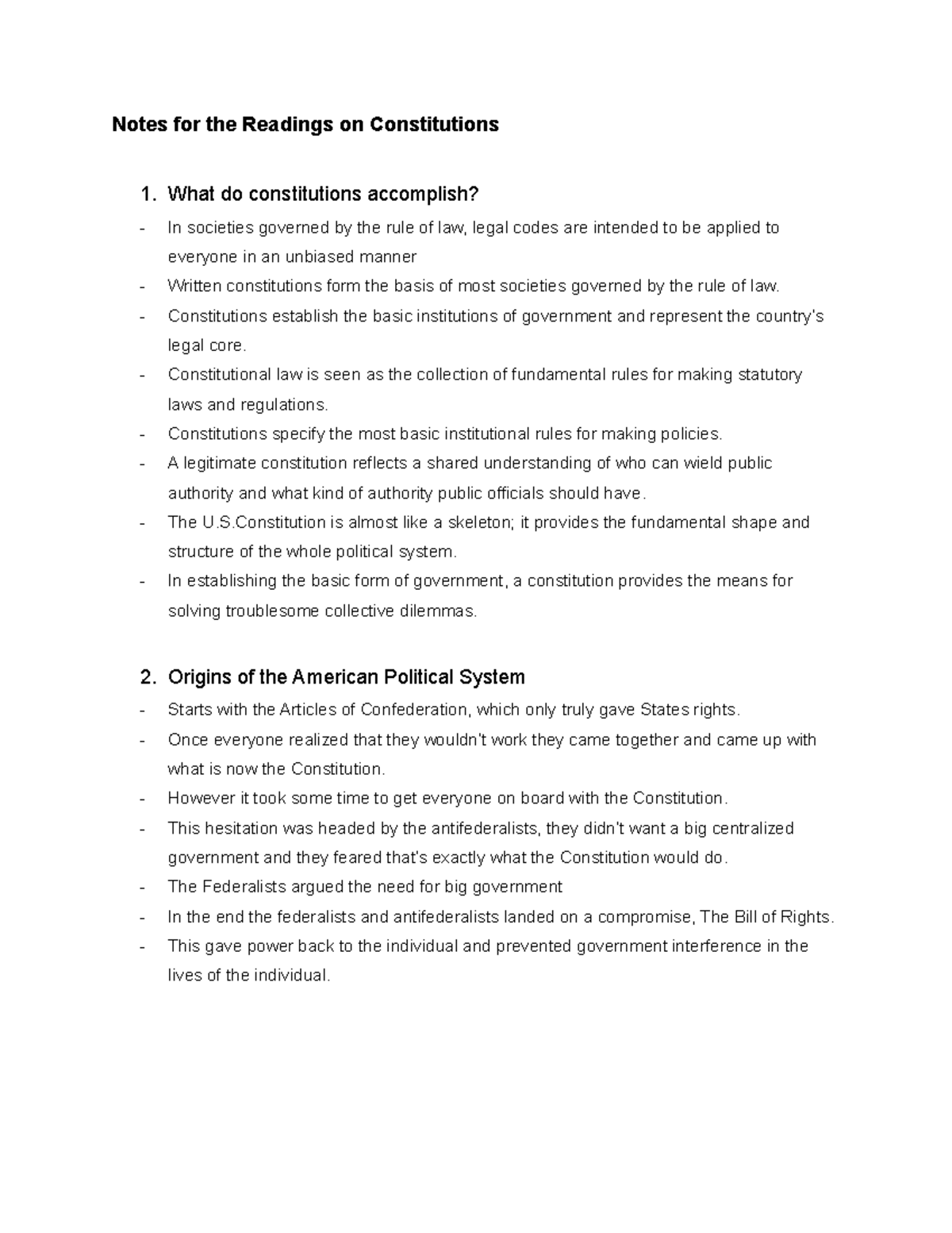 POL 201 Reading on Constitutions - Notes for the Readings on ...
