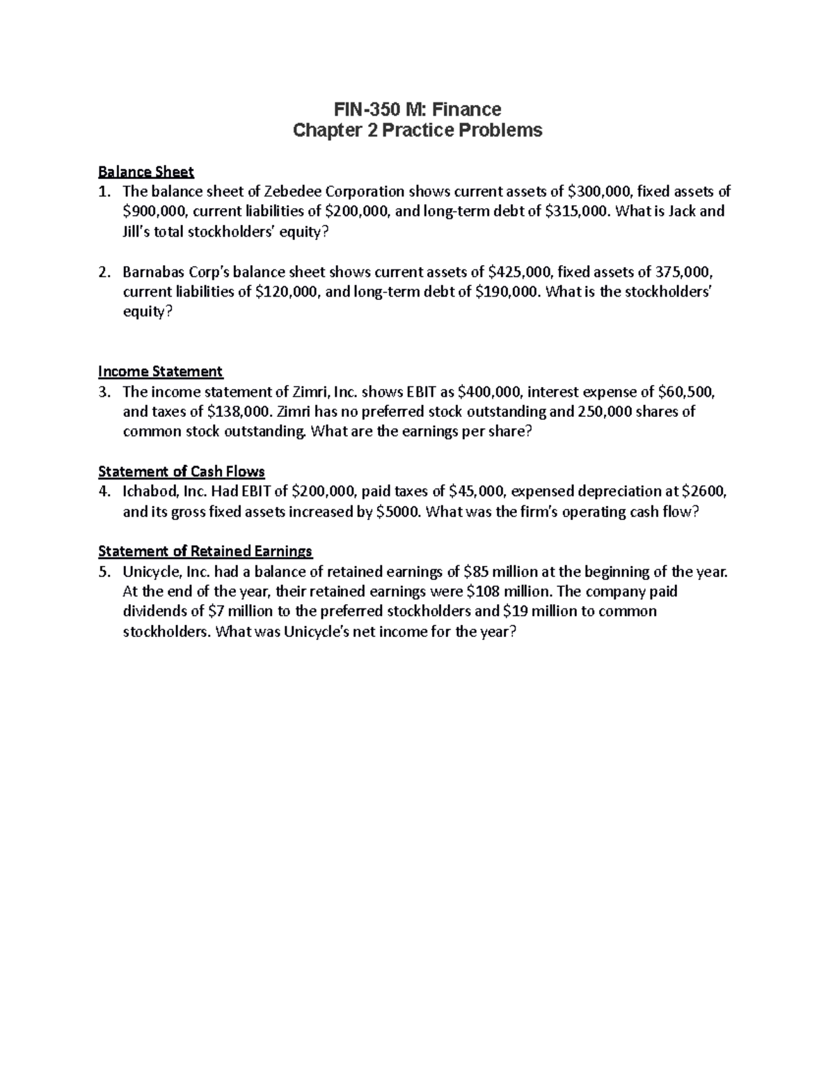 Topic 2 Ch 2-3 Practice problems Blank - FIN-350 M: Finance Chapter 2 ...