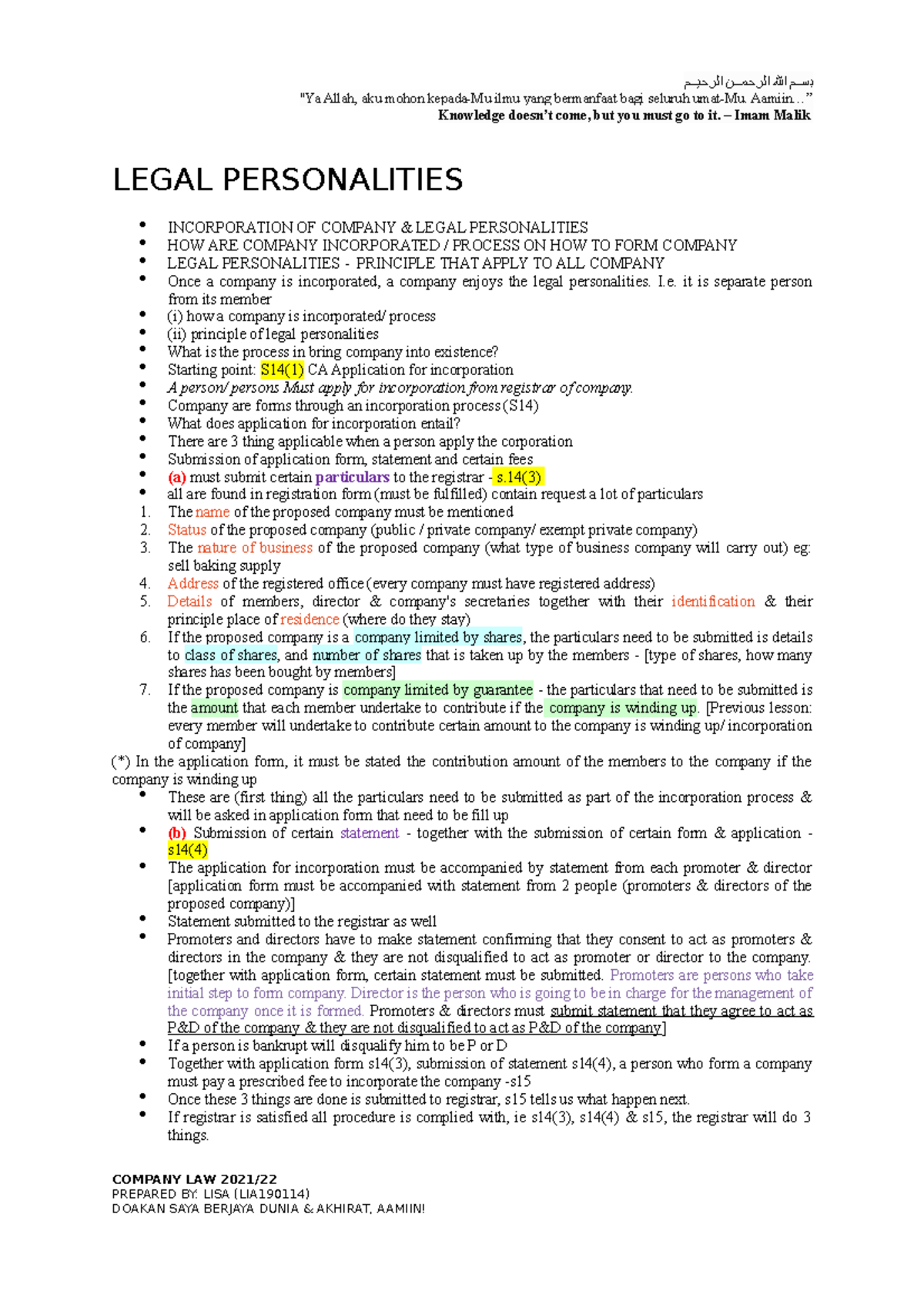 Legal Personalities Company Law - "Ya Allah, aku mohon kepada-Mu ilmu ...