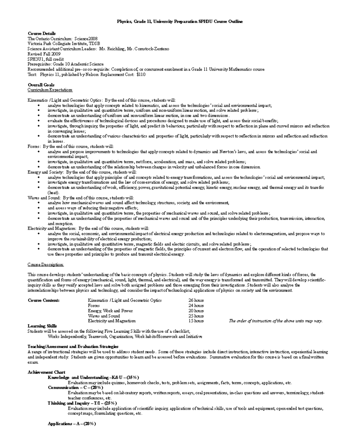 Sph 3u1 course outline 09 10 - Physics, Grade 11, University ...
