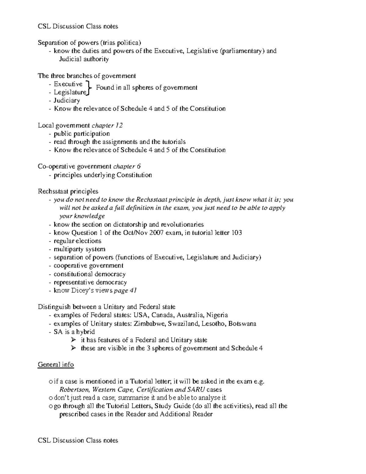 CSL2601 class notes Outline - CSL Discussion Class notes CSL Discussion ...