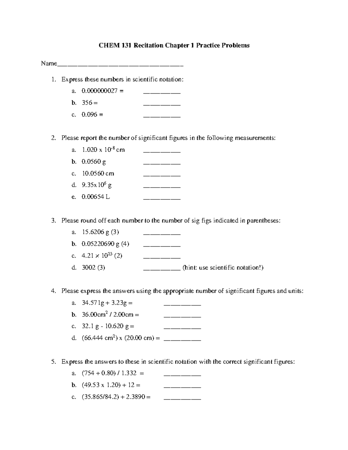 Recitation paper - CHEM 131 Recitation Chapter 1 Practice Problems ...