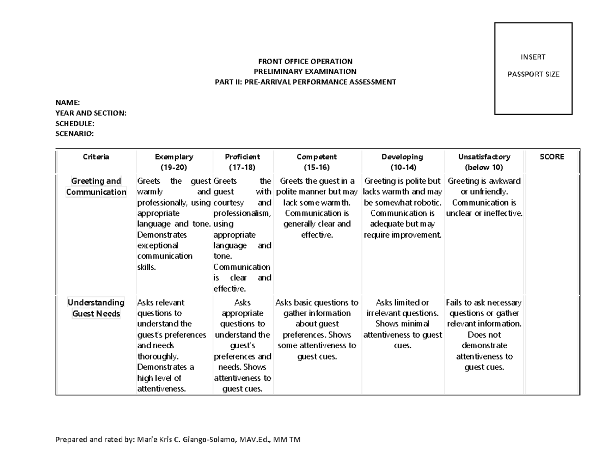 Front- Office- Rubric - Prepared and rated by: Marie Kris C. Giango ...