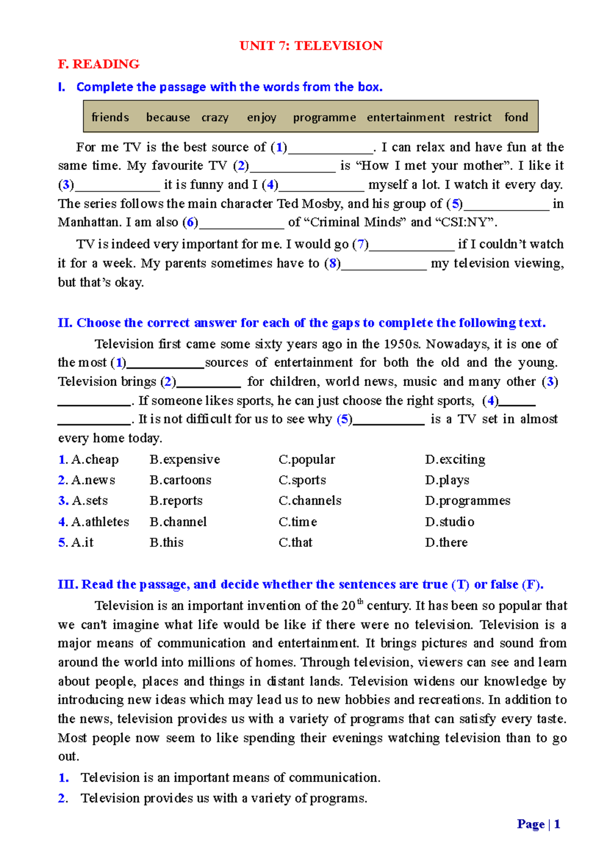 Bài tập Anh 6 theo chuyên đề 7. Reading E6 (UNIT 7-12) - UNIT 7 ...
