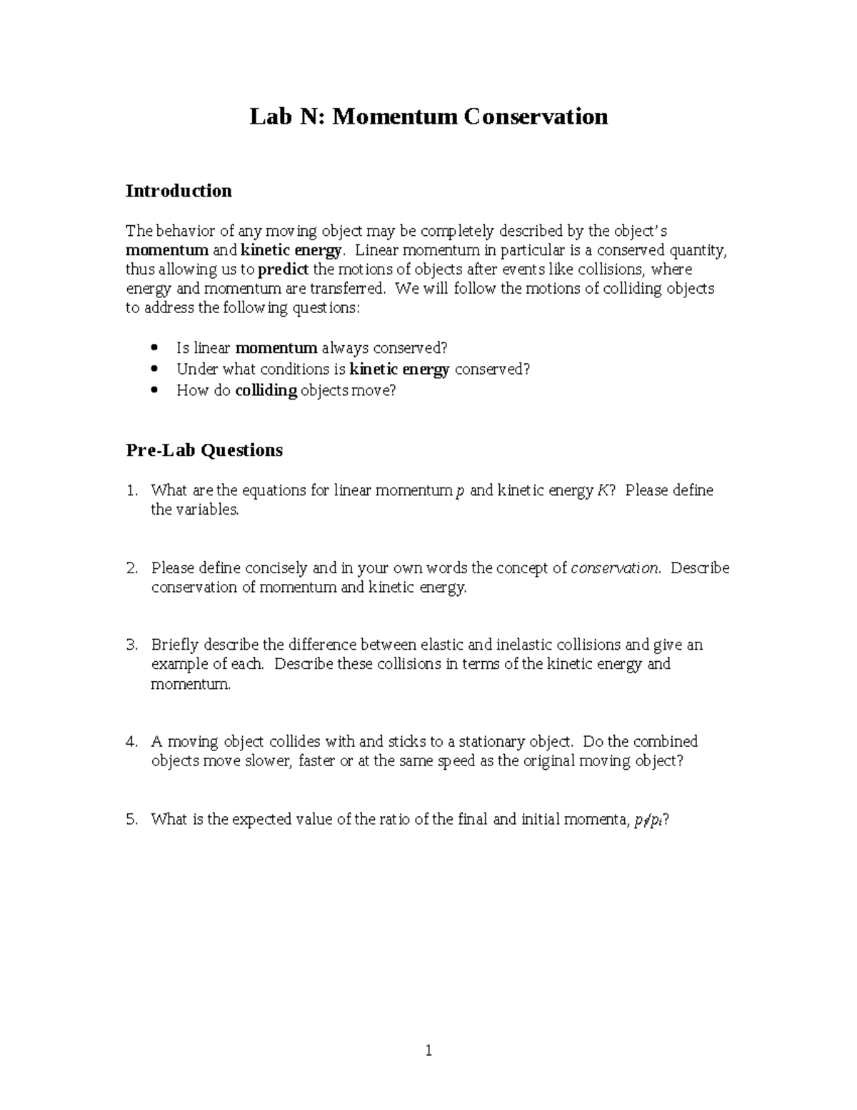 Collisions - Conservation of Momentum - Lab N: Momentum Conservation ...