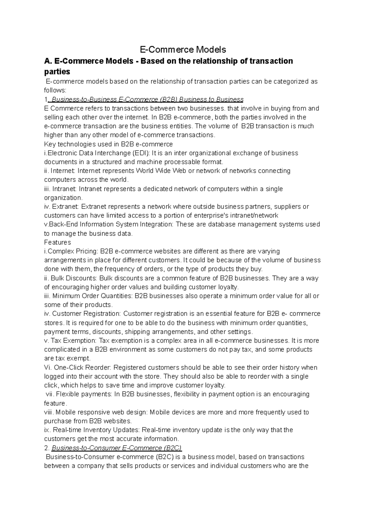 E commerce models - Very important notes, easy to understand - E ...