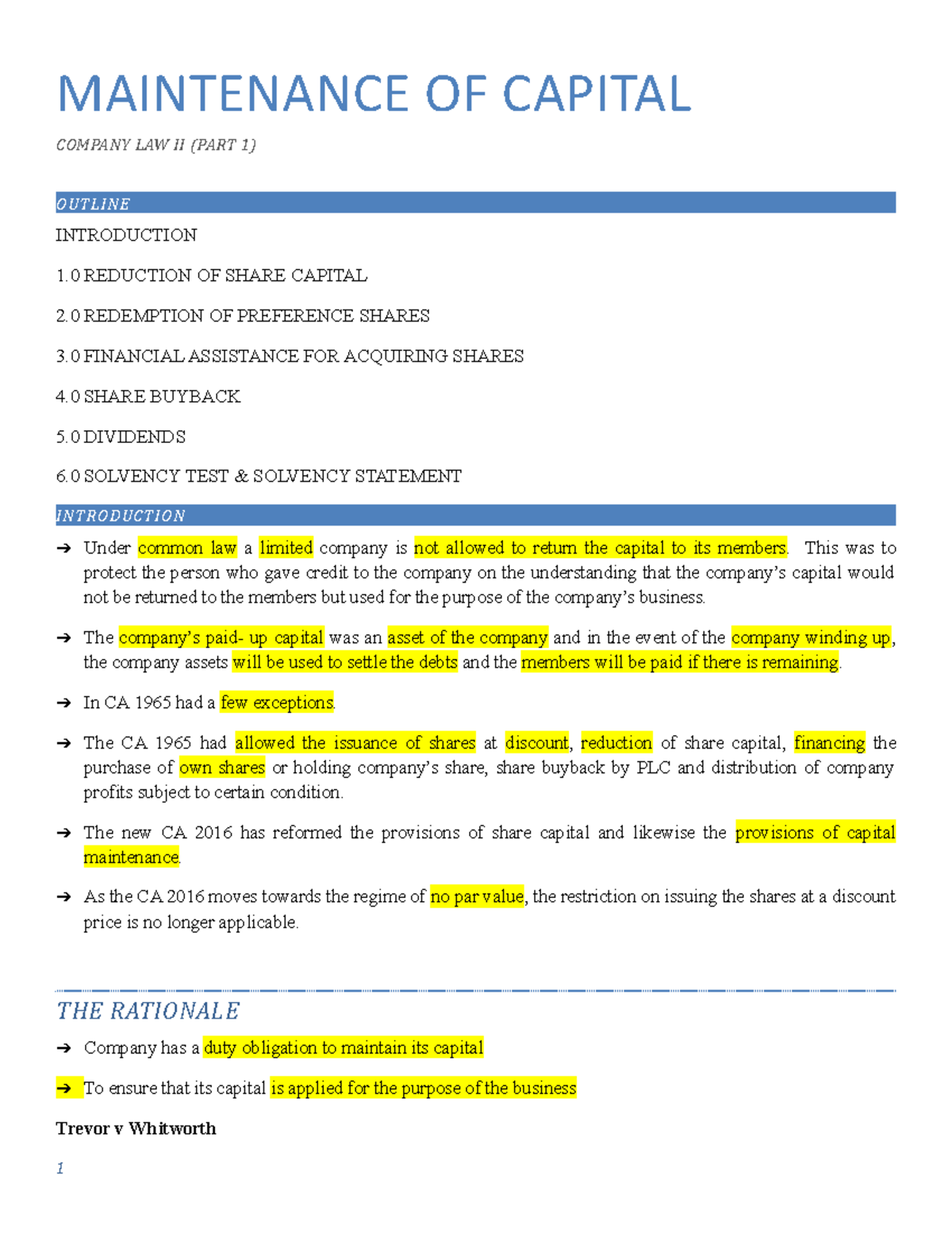 Chapter 5(1): Maintenance of Capital (Part I) - MAINTENANCE OF CAPITAL ...