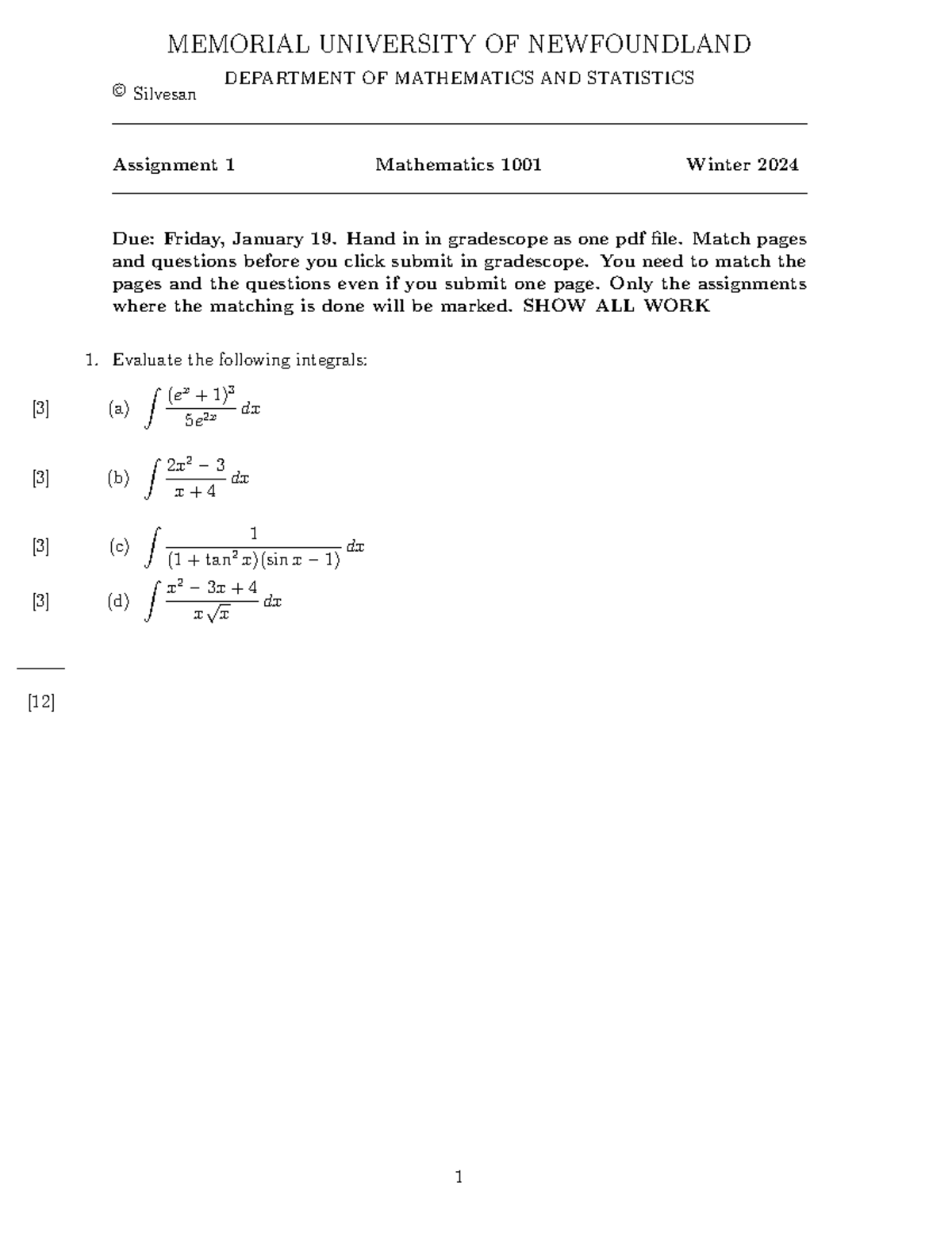 M1001 practice assignment - © Silvesan MEMORIAL UNIVERSITY OF ...