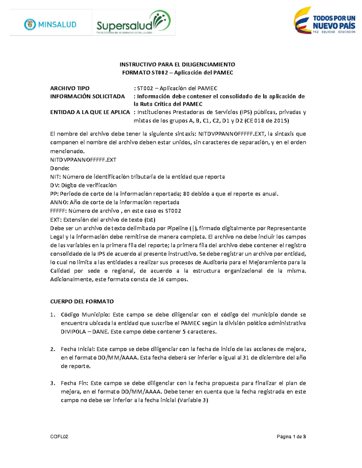 Instructivo ST002 - COFL02 Página 1 de 3 INSTRUCTIVO PARA EL ...