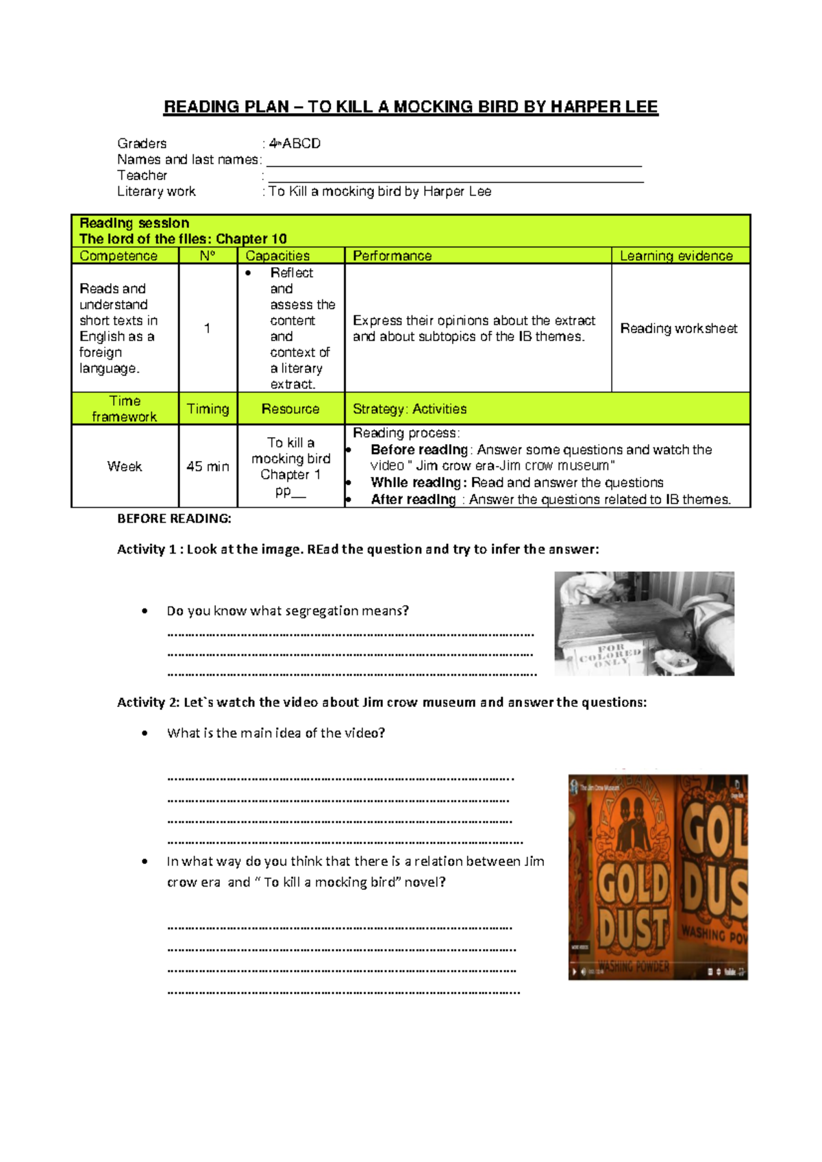 TO KILL A Mocking BIRD Chapter 1 - READING PLAN – TO KILL A MOCKING ...