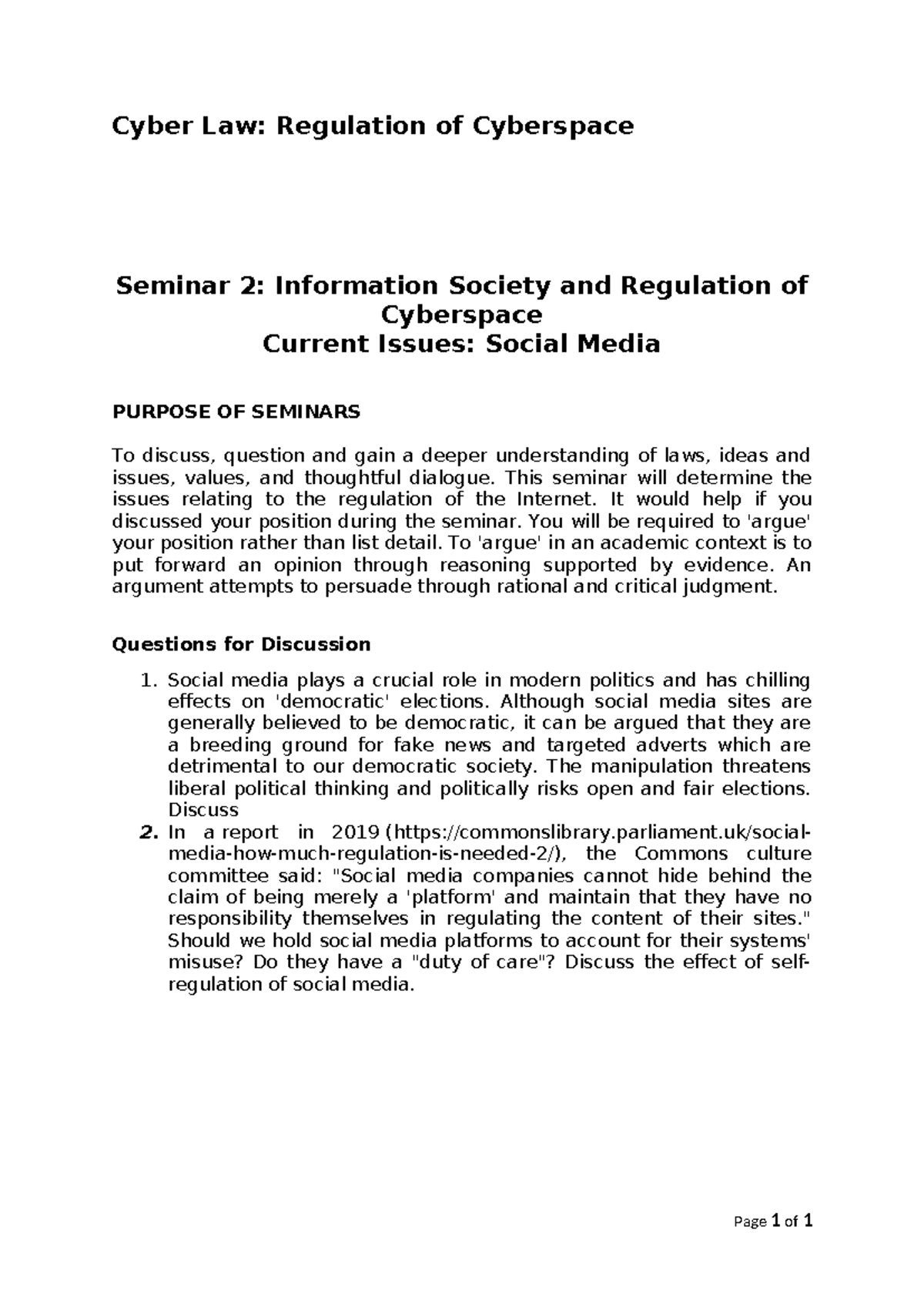 Cyber Law UG Seminar 2 2023 - Cyber Law: Regulation of Cyberspace ...