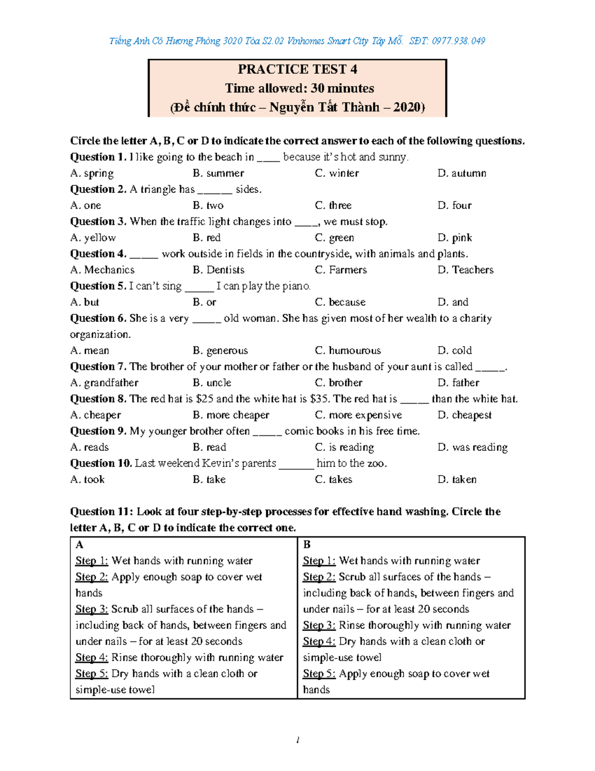Practice Test 4 Đề NTT năm 2020 - PRACTICE TEST 4 Time allowed: 30 ...