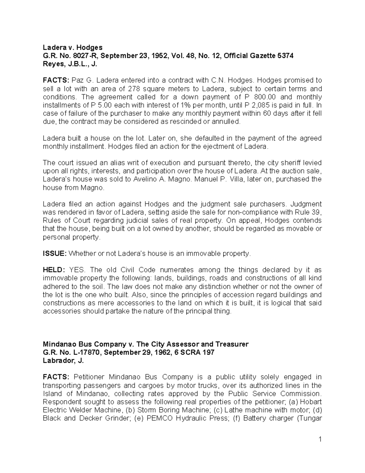 Property-Case-Digests - Ladera v. Hodges G. No. 8027-R, September 23 ...